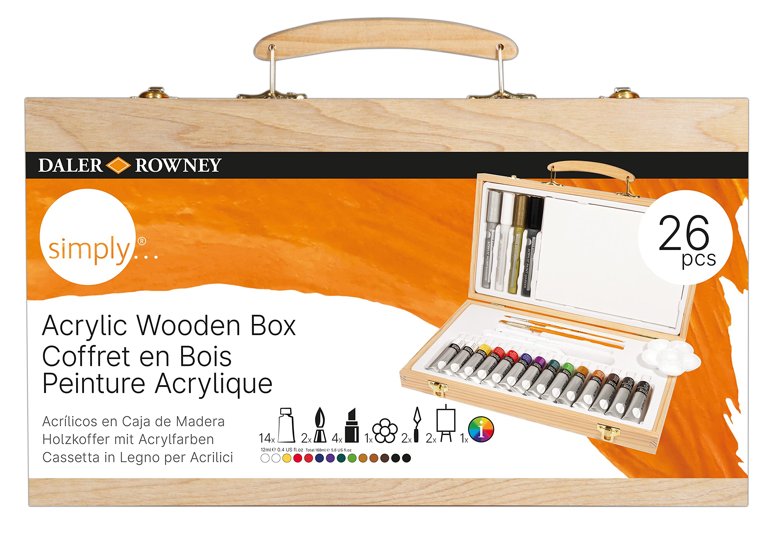Daler-Rowney Simply Acrylic Wooden Box Set, 14 Vibrant Colours, Multi ...