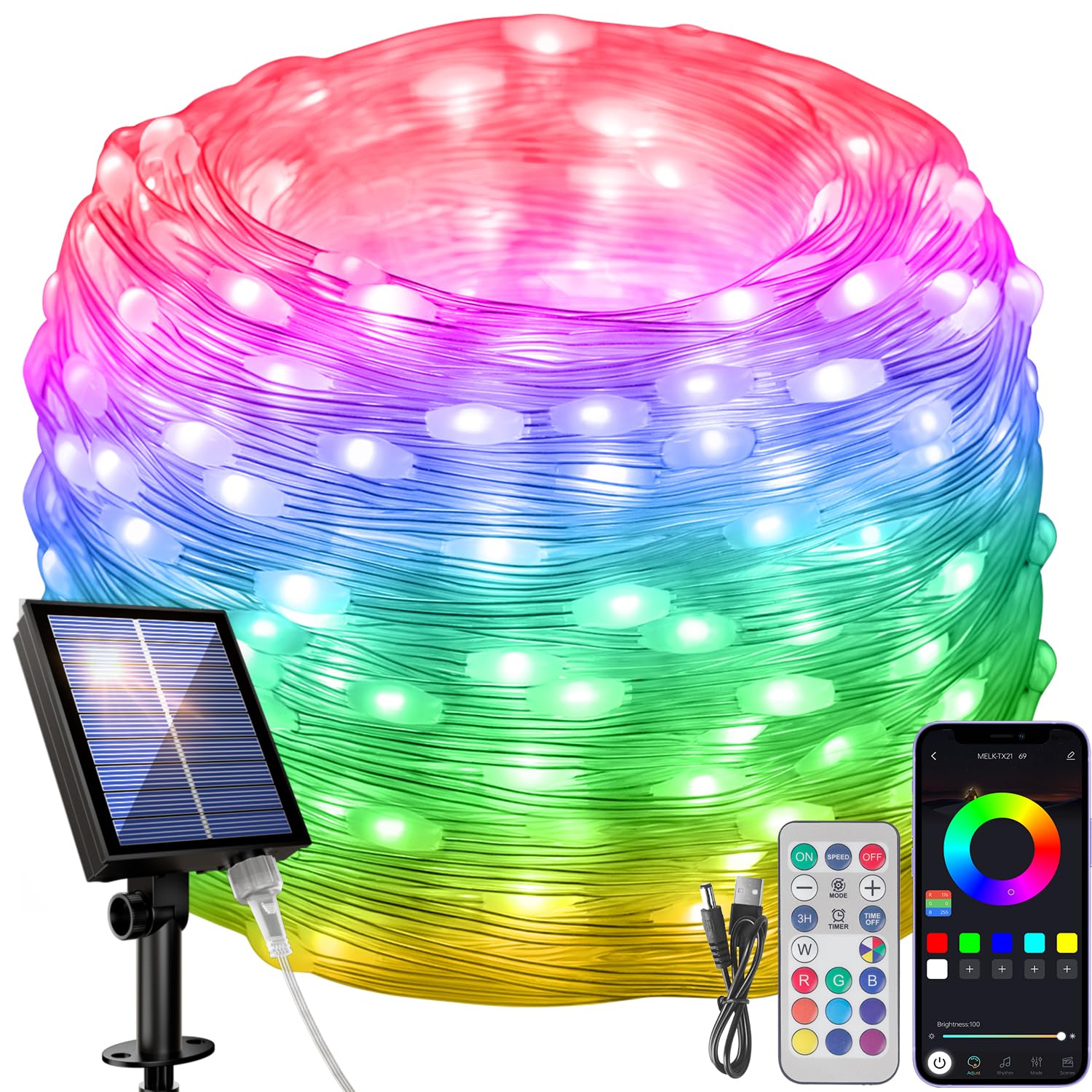49ft Solar String Lights Outdoor, 150 LED RGB Solar Fairy Lights, 99 ...
