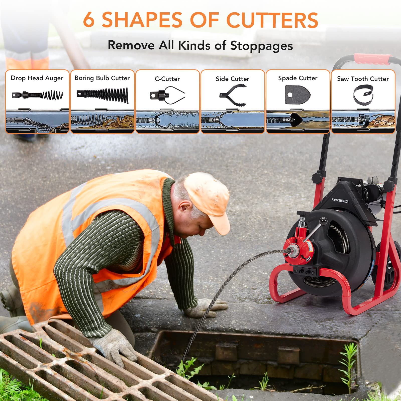 PIONEERWORKS 75Ft x 1/2 Inch Drain Cleaner Machine, Auto-feed Electric ...