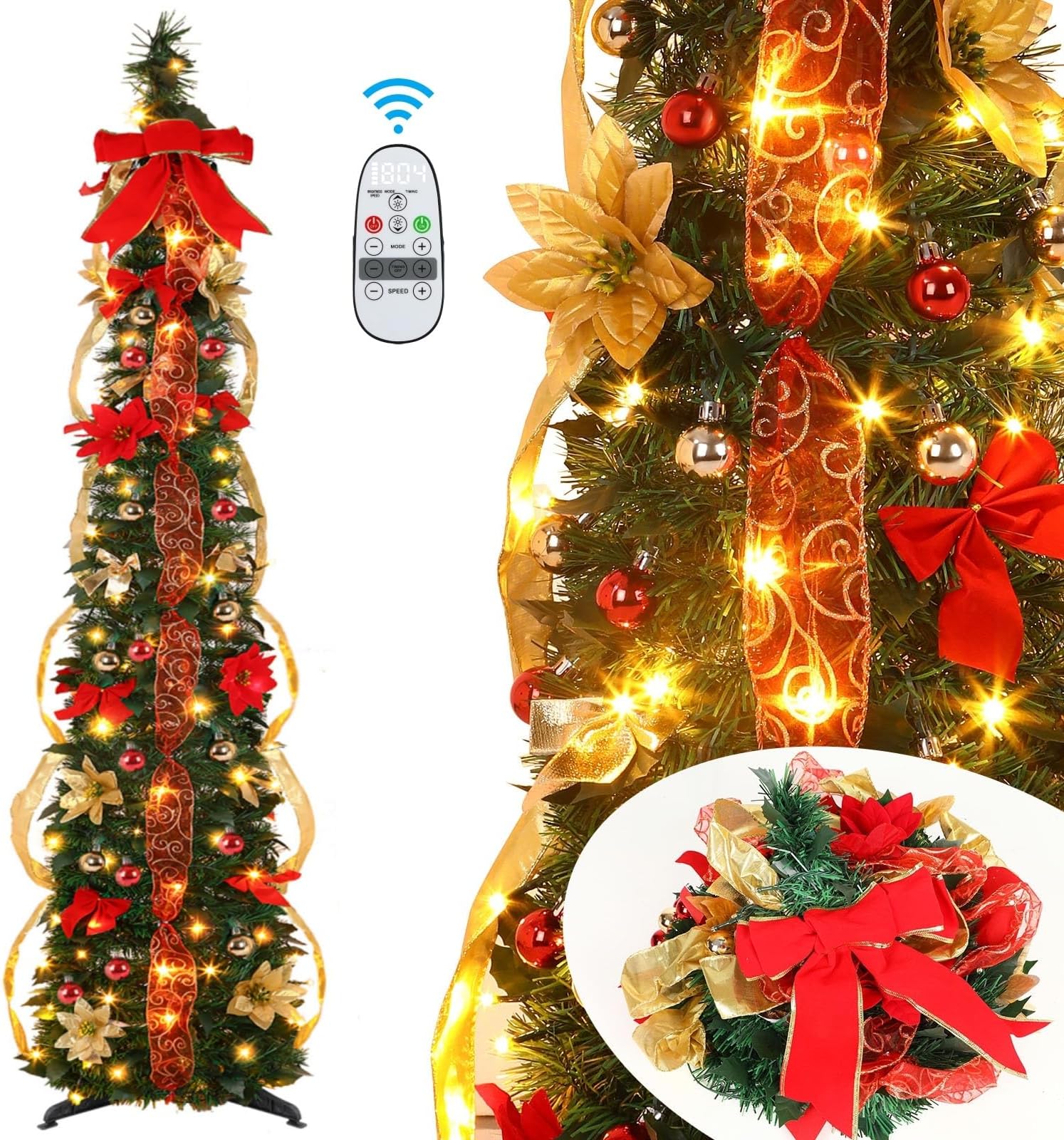 Amazon.com: Decoway Pre Lit Pre Decorated Christmas Tree Pop Up with Remote Control, with Warm ...