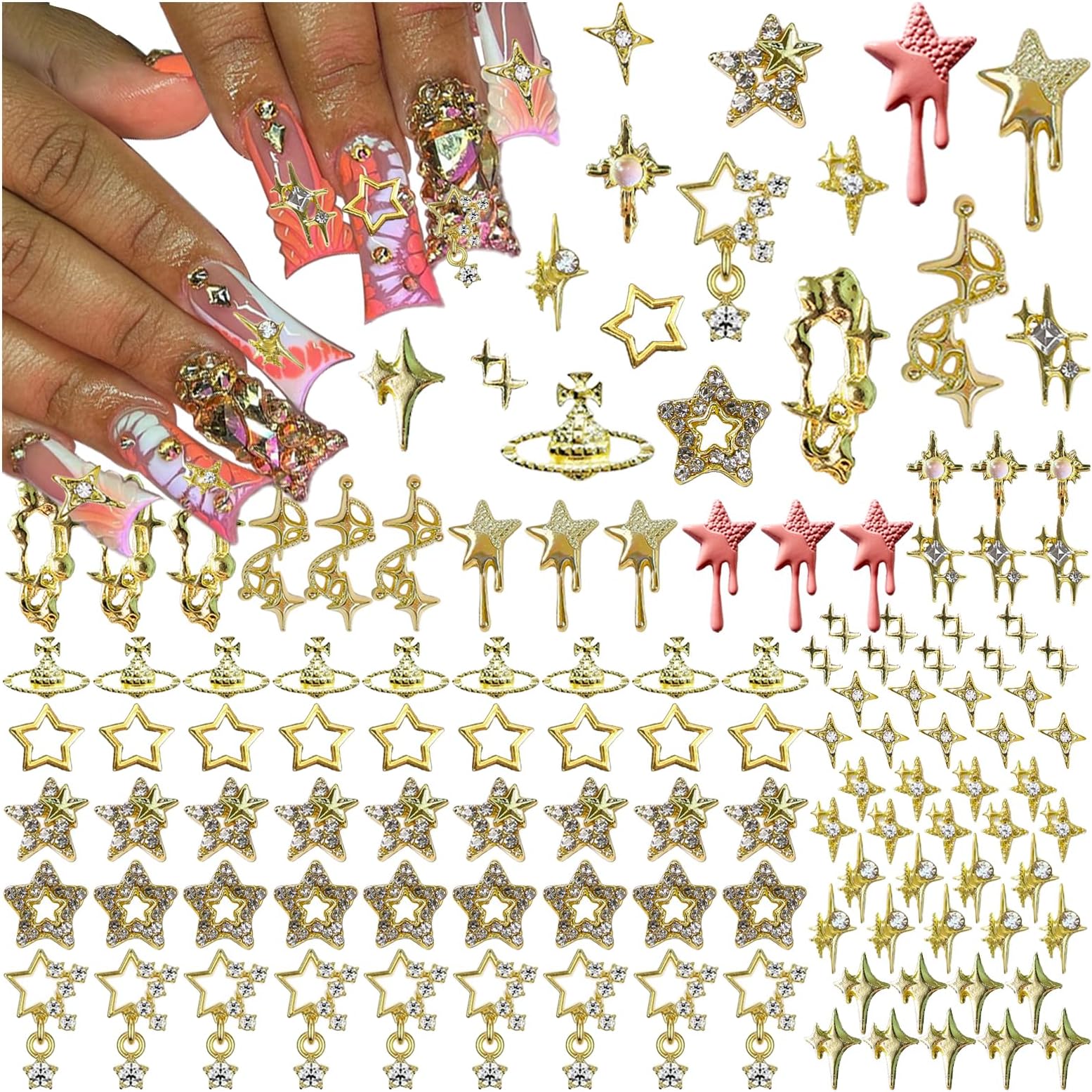 Amazon.com: 3 Boxes Gold Nail Charms with Gold Star, Moon, and Rose ...