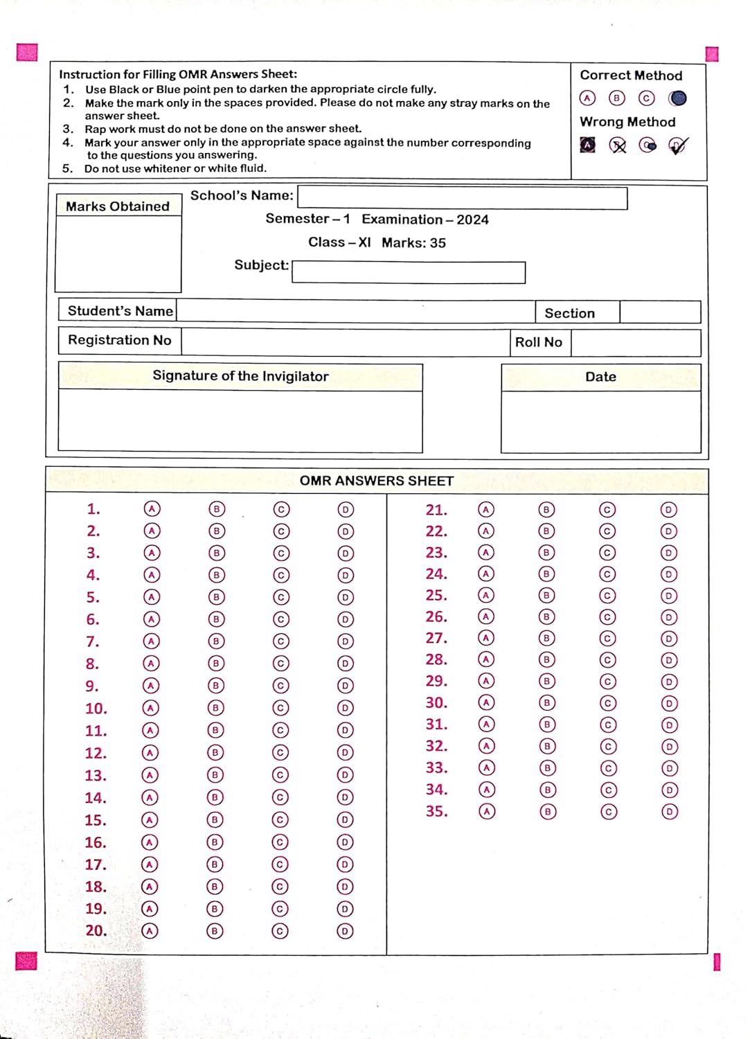 OMR Sheet for Class 11 Semester 1 of all Subject (WBCHSE) 100 Sheets ...