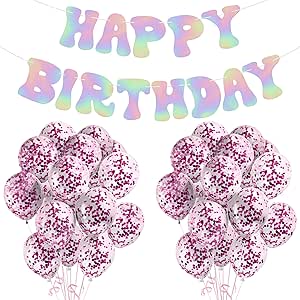 Amazon.com: KatchOn Iridescent Happy Birthday Banner Prestrung - Pack of 61 | Hot Pink Confetti ...