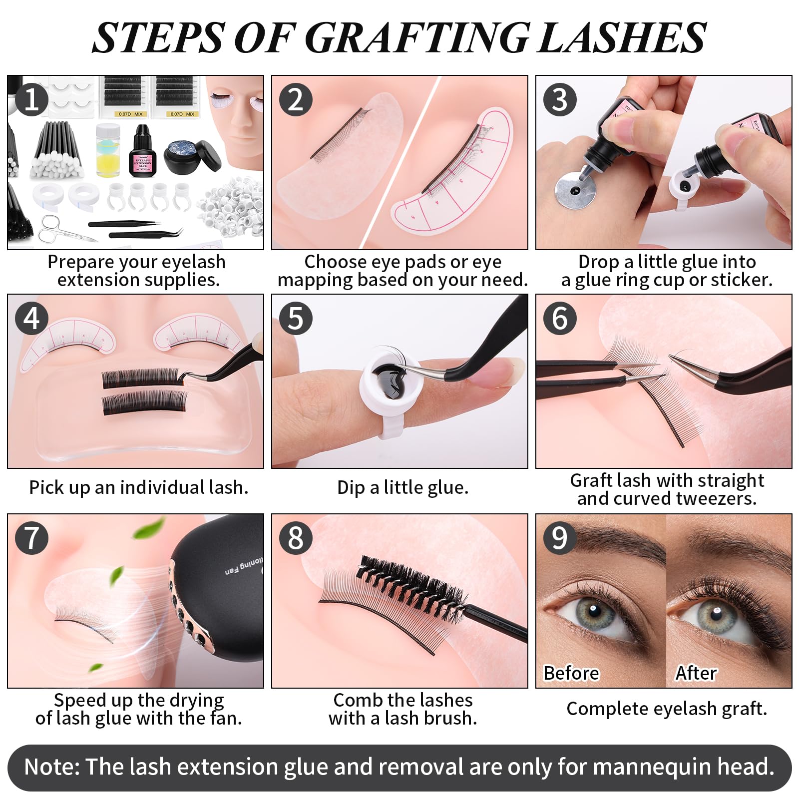 Eyelash Kit for Lash Extension, Lash Tech Supplies with Mannequin ...
