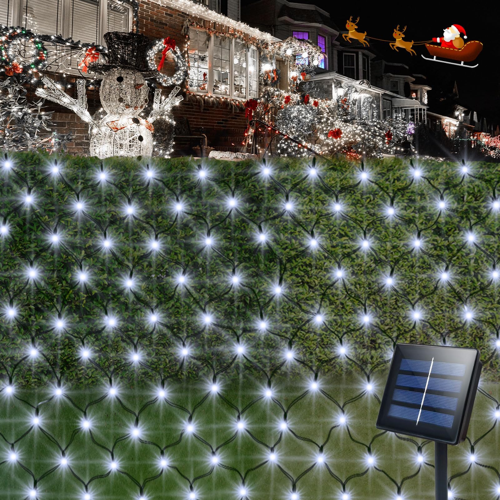 echosari Solar Powered Net Lights, 200 LED 9.8Ft x 6.6Ft Christmas Bush ...