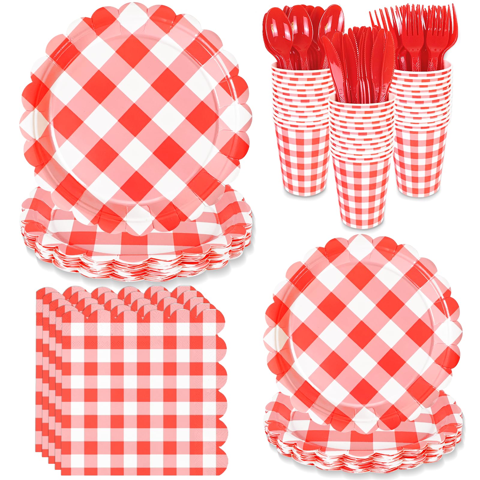 Amazon.com: 175 Pcs Red Scalloped Gingham Party Supplies for 25 Guests ...