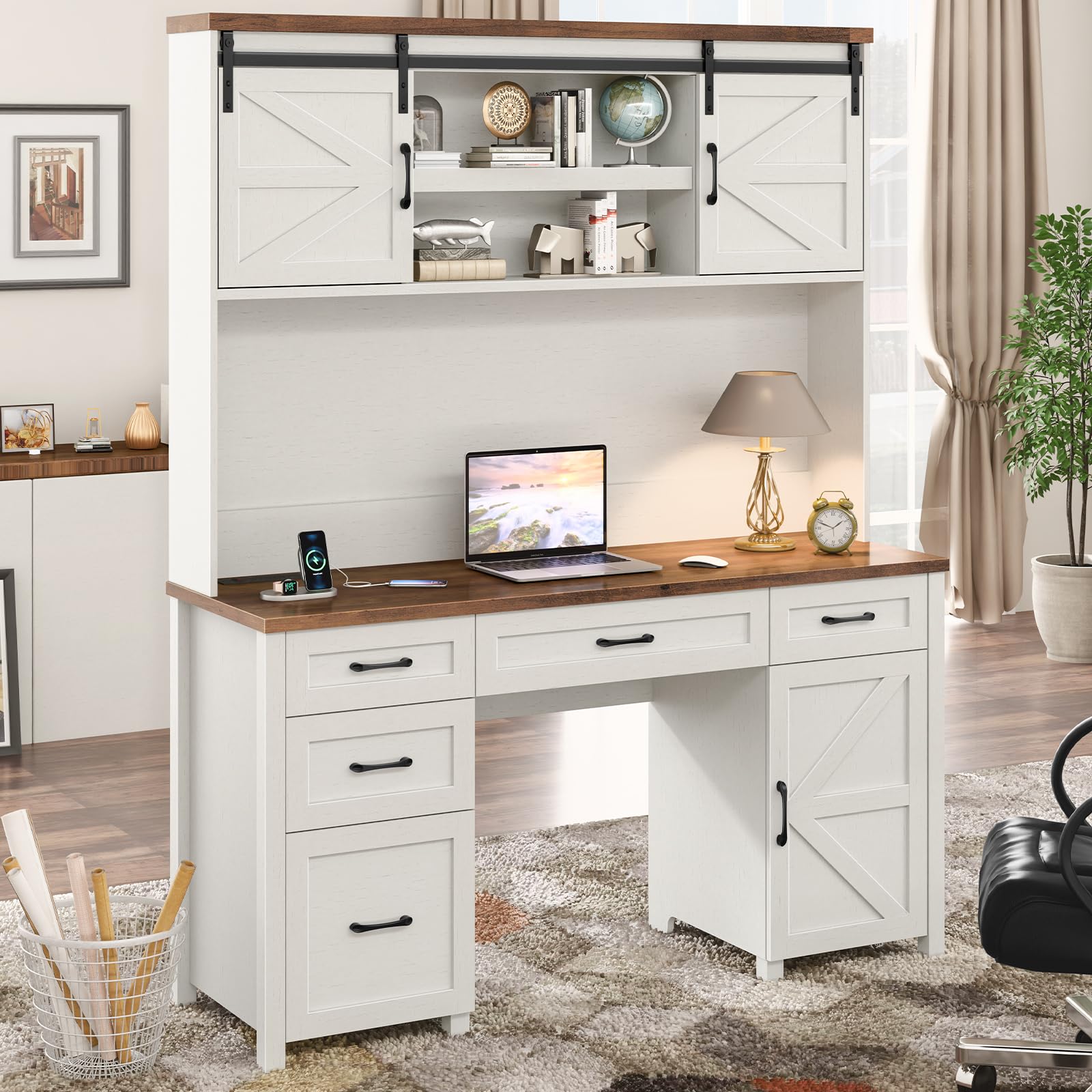 Amazon.com: Farmhouse 67" H Executive Desk with Hutch,Office Desk with ...