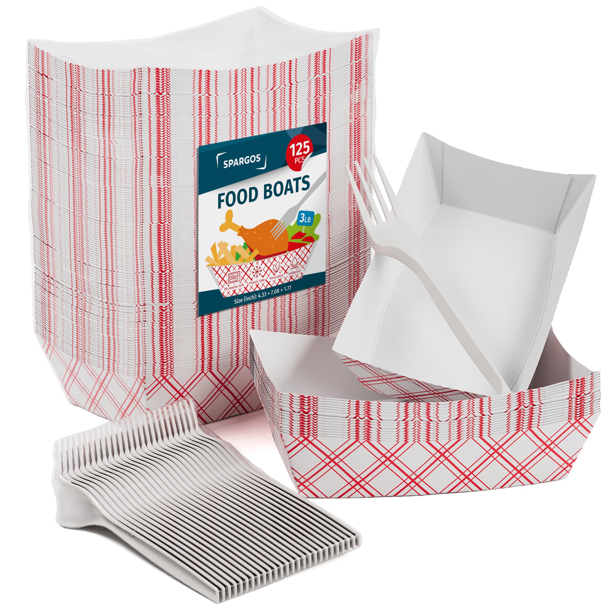 SPARGOS Food Boats (125 Pack) 3LB Red and White Paper Food Trays ...
