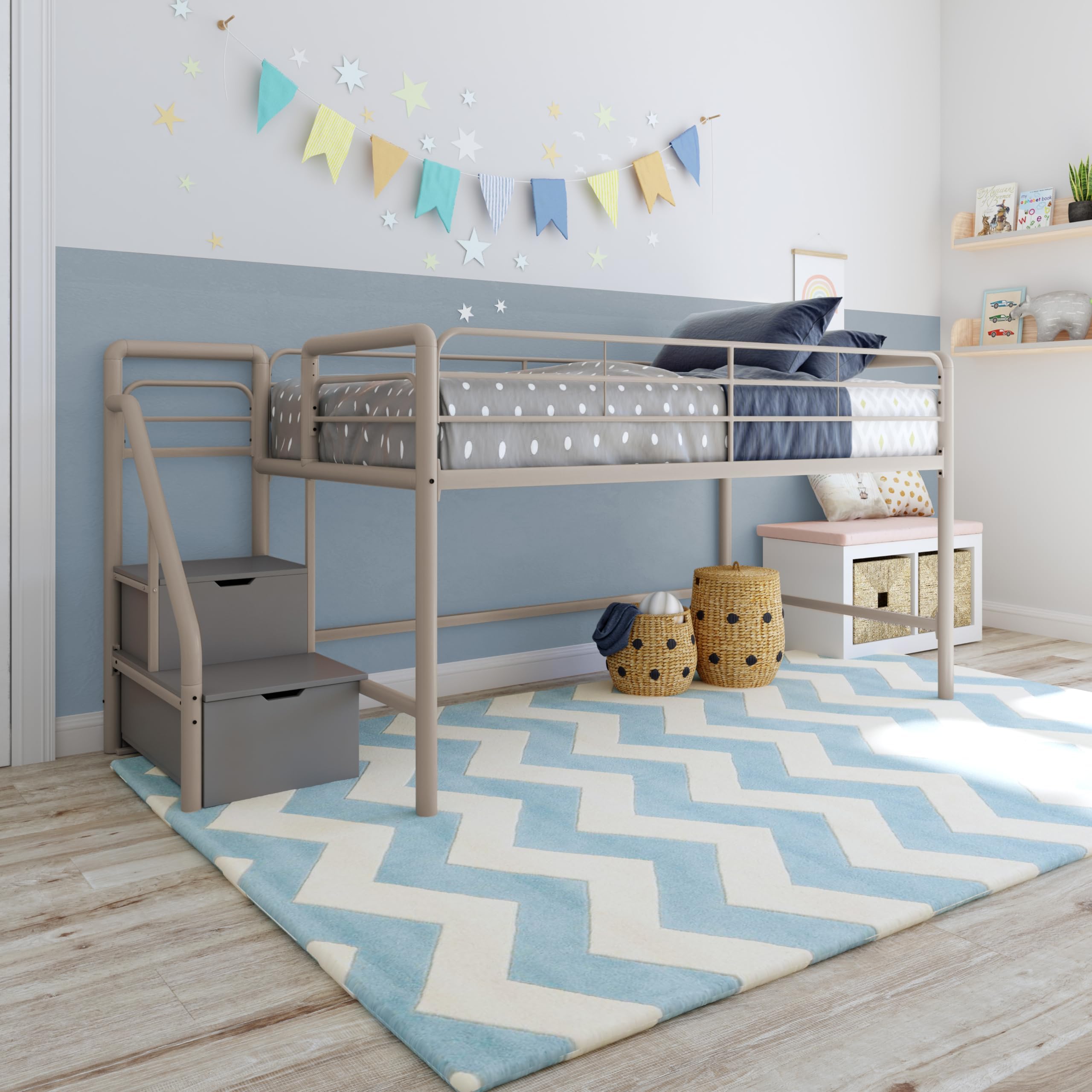 Amazon.com: DHP Junior Twin Metal Loft Bed with Storage Steps ...