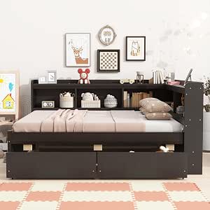 Amazon.com: Full Daybed with Storage Bookcase and Drawers, Wood ...