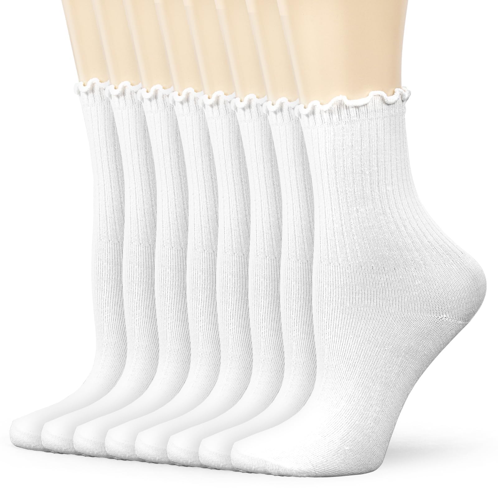 8 Pairs Women Ruffle Socks, White Crew Socks, Knit Cotton Cute Frilly ...