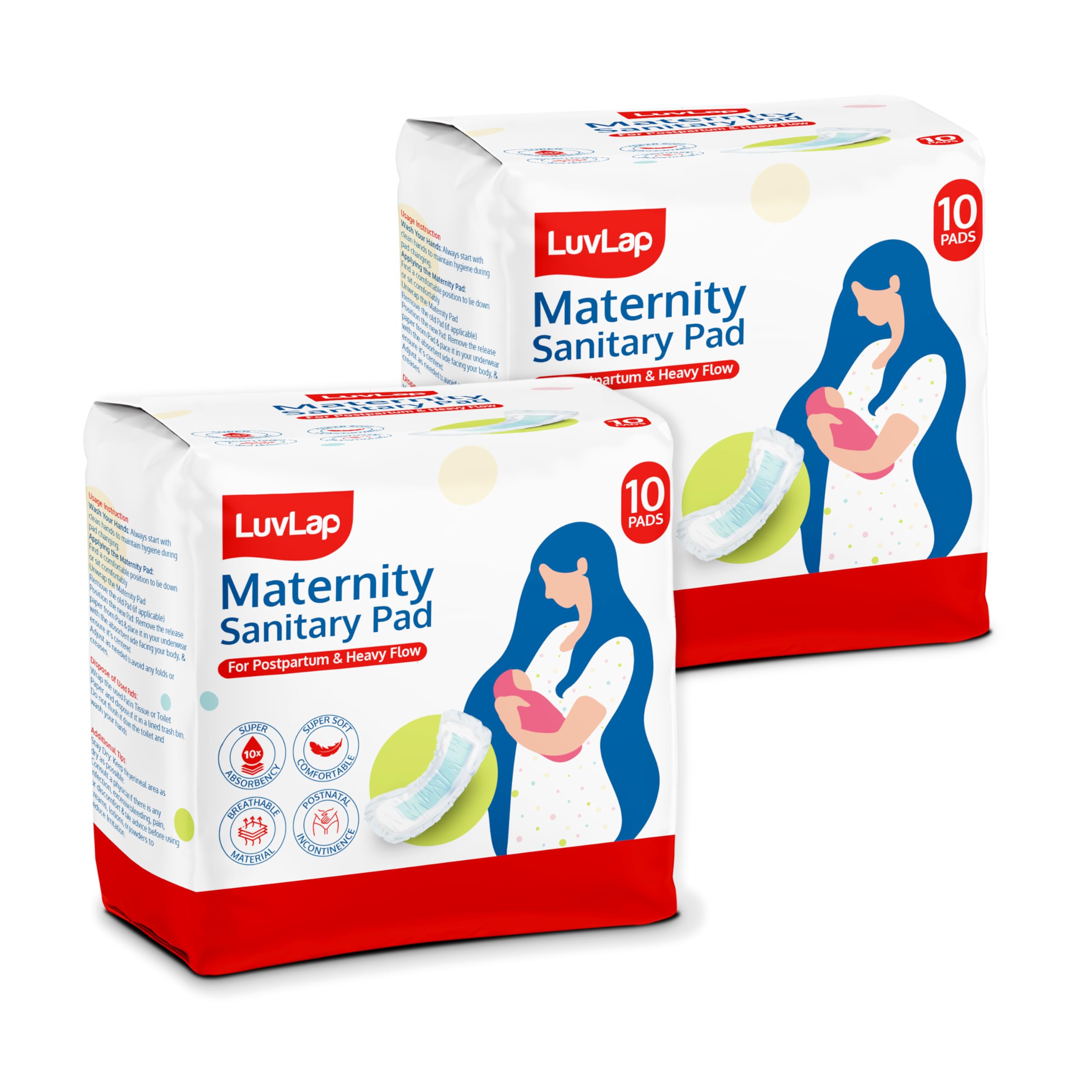 LuvLap Extra Absorbent Maternity Pads, 10's x 2 Pack (20 Pads), 0-2 ...