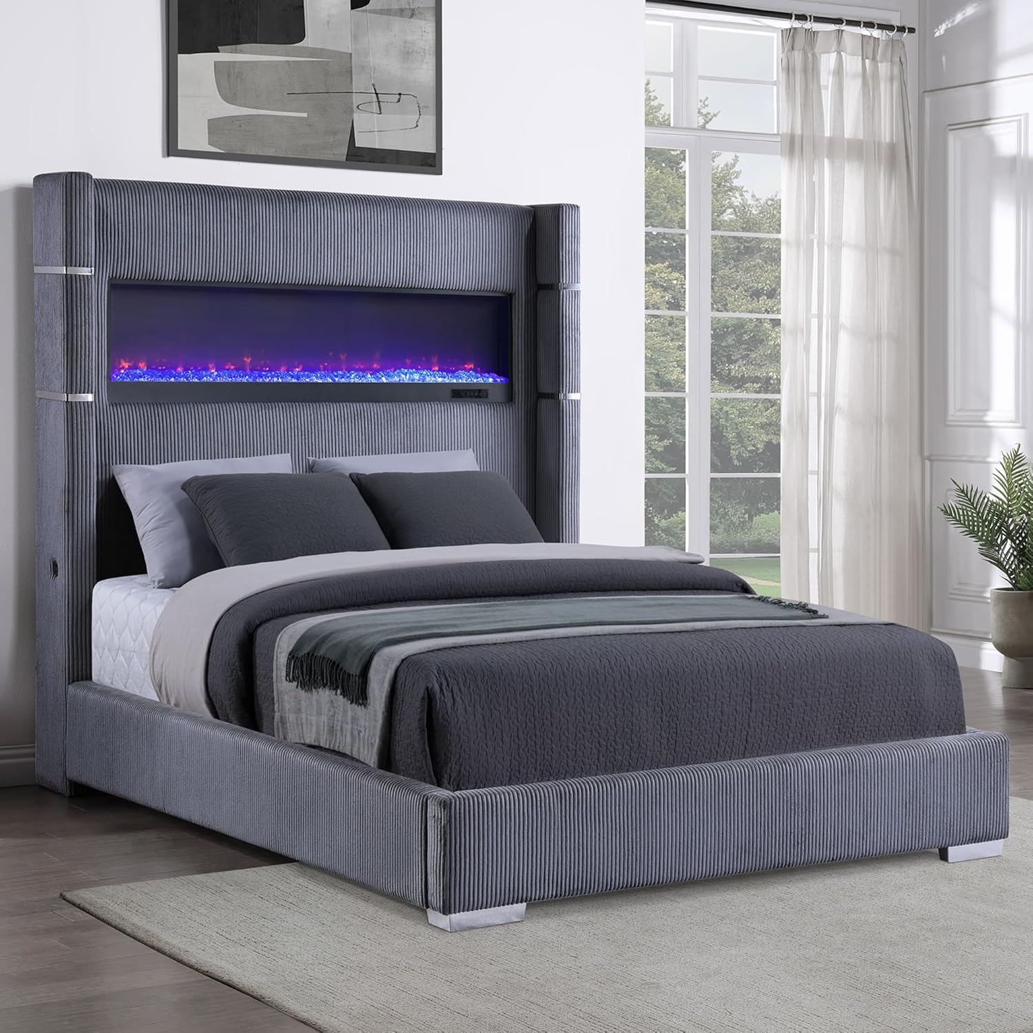 Amazon.com: Queen Bed with Fireplace in Headboard - Fireplace Bed Frame ...