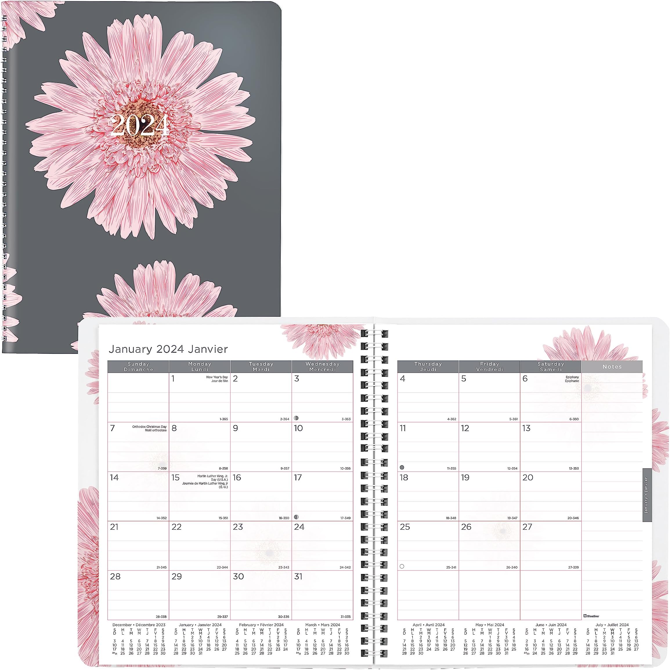 Blueline Agenda mensuel 2024 rose essentiel, 14 mois, décembre 2023 à ...