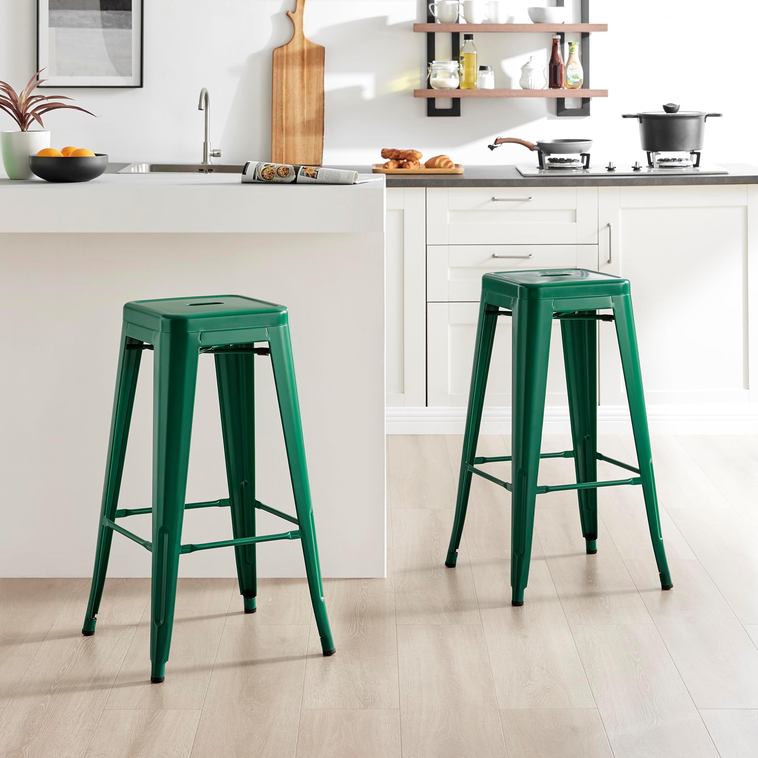 Furniturebox UK Colton 2x Dark Green Metal Bar Stools for Kitchen Or ...