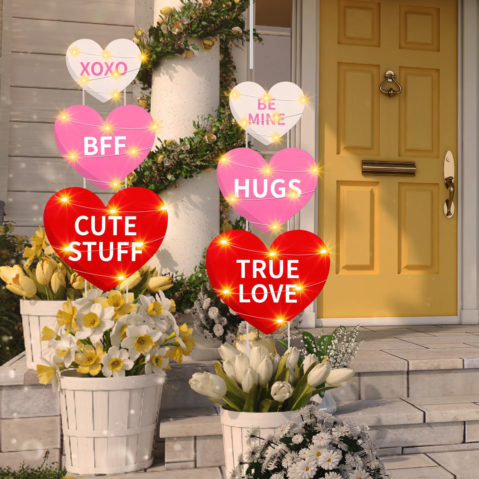 Amazon.com: Menkxi 6 Pcs Valentine Yard Sign with Light Heart Garden ...