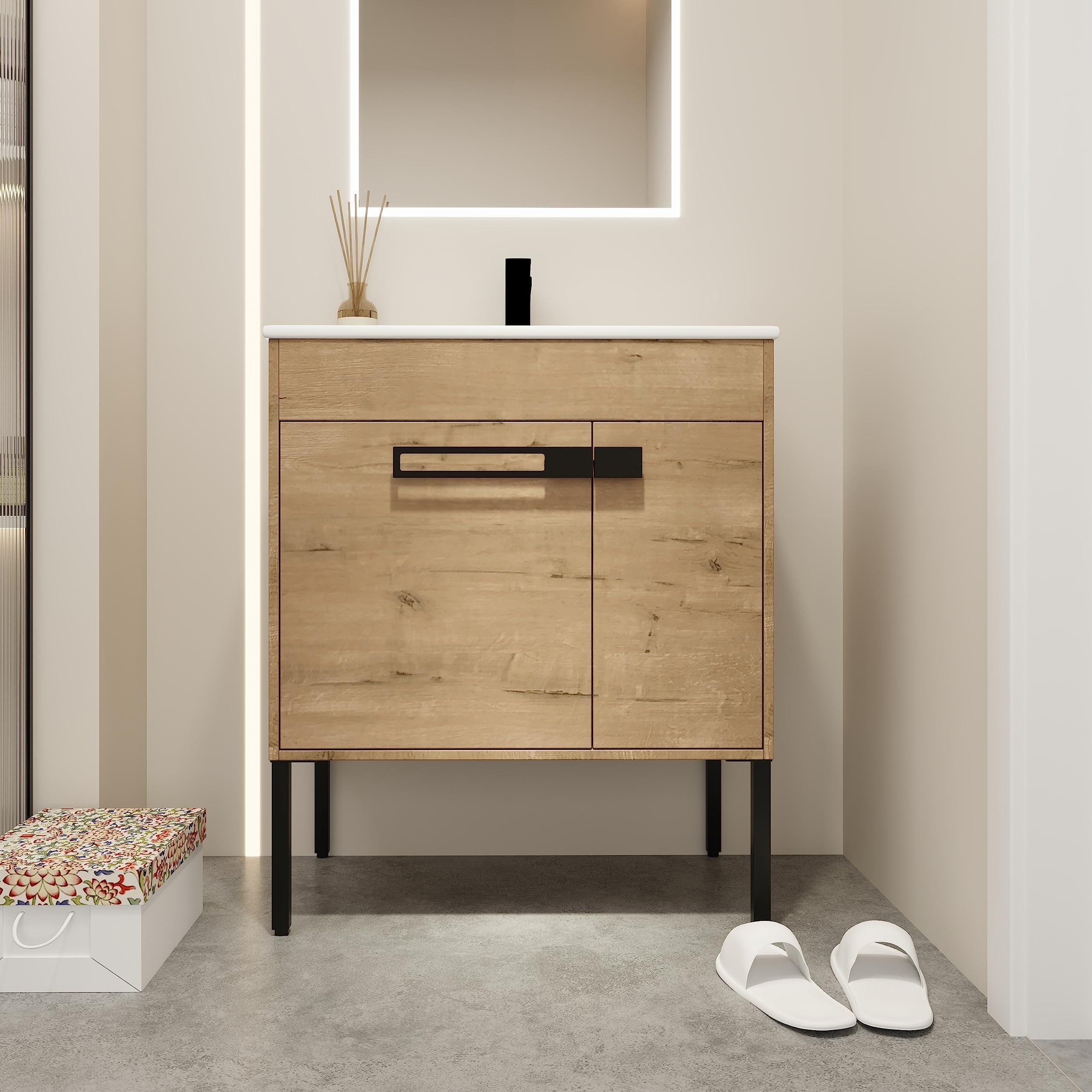 Amazon.com: Modway Render 30" Wall-Mount Bathroom Vanity in Oak Black ...