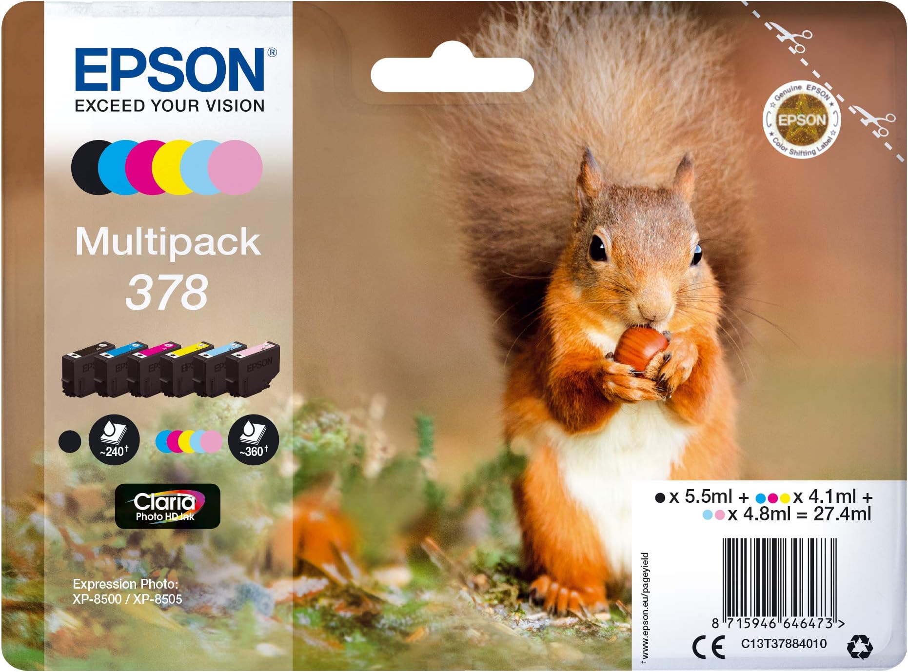 Epson 378 Squirrel Genuine Multipack, 6-colours Ink Cartridges, Claria ...