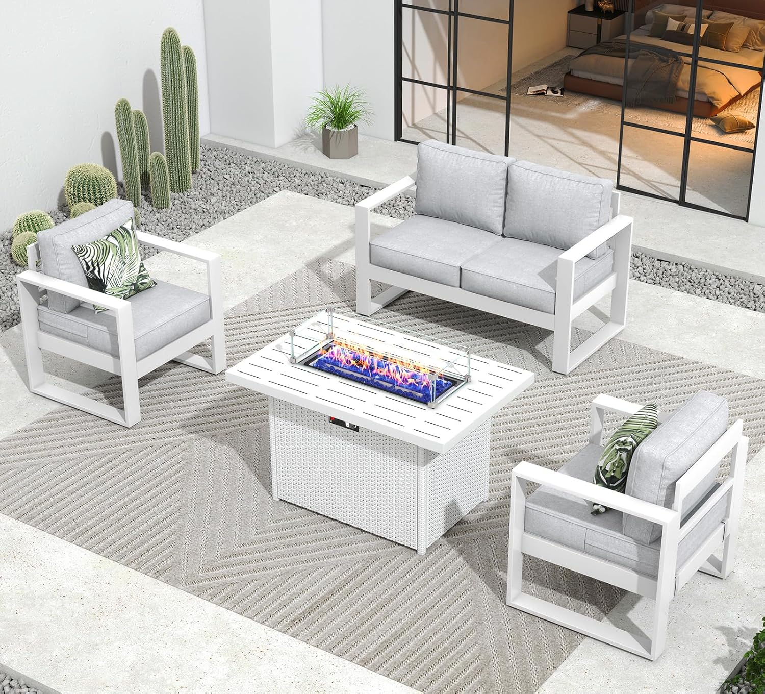 Amazon.com: Vakollia Outdoor Aluminum Furniture Set with Fire Pit Table ...