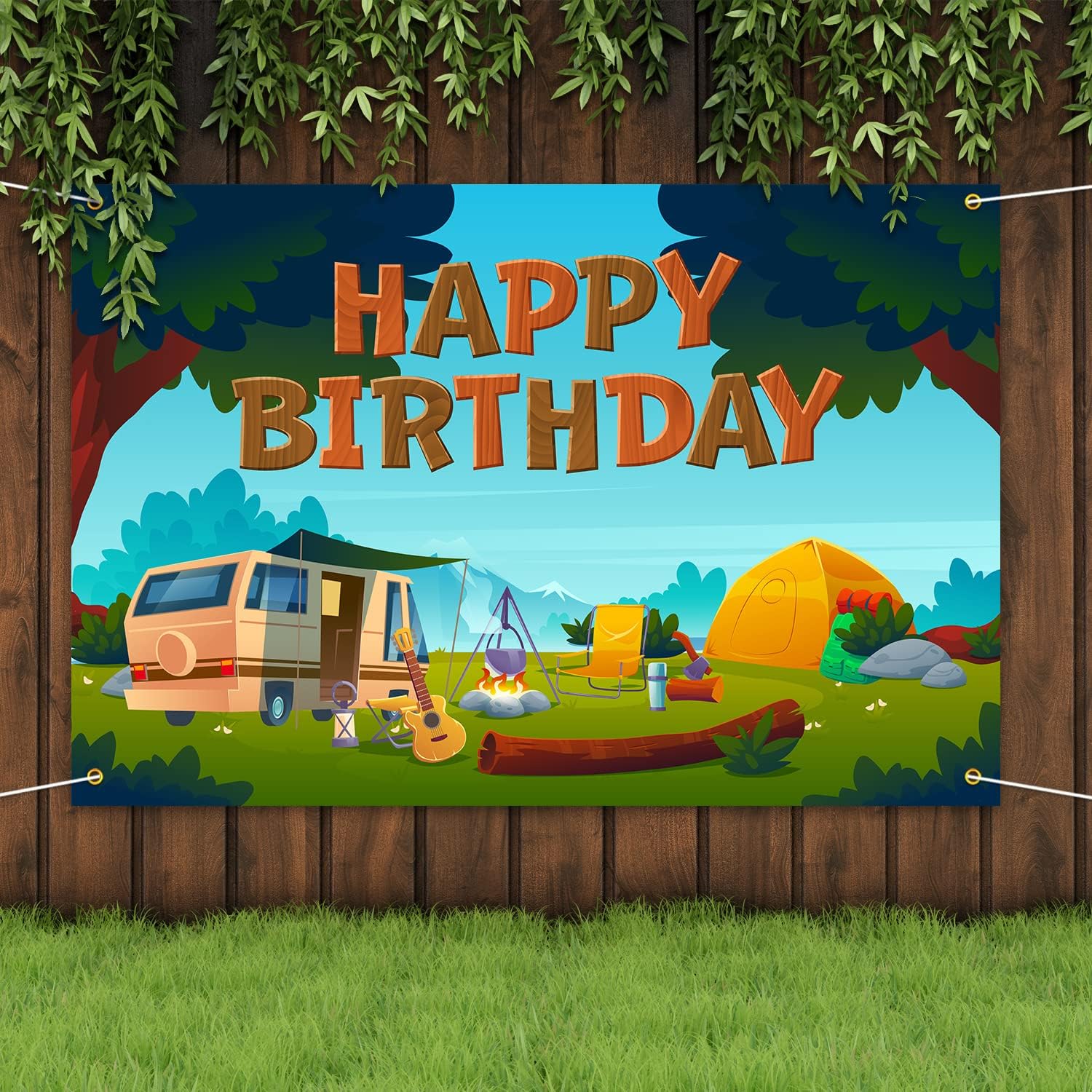 Amazon.com: Camping Birthday Backdrop Banner Decorations Happy Camper ...