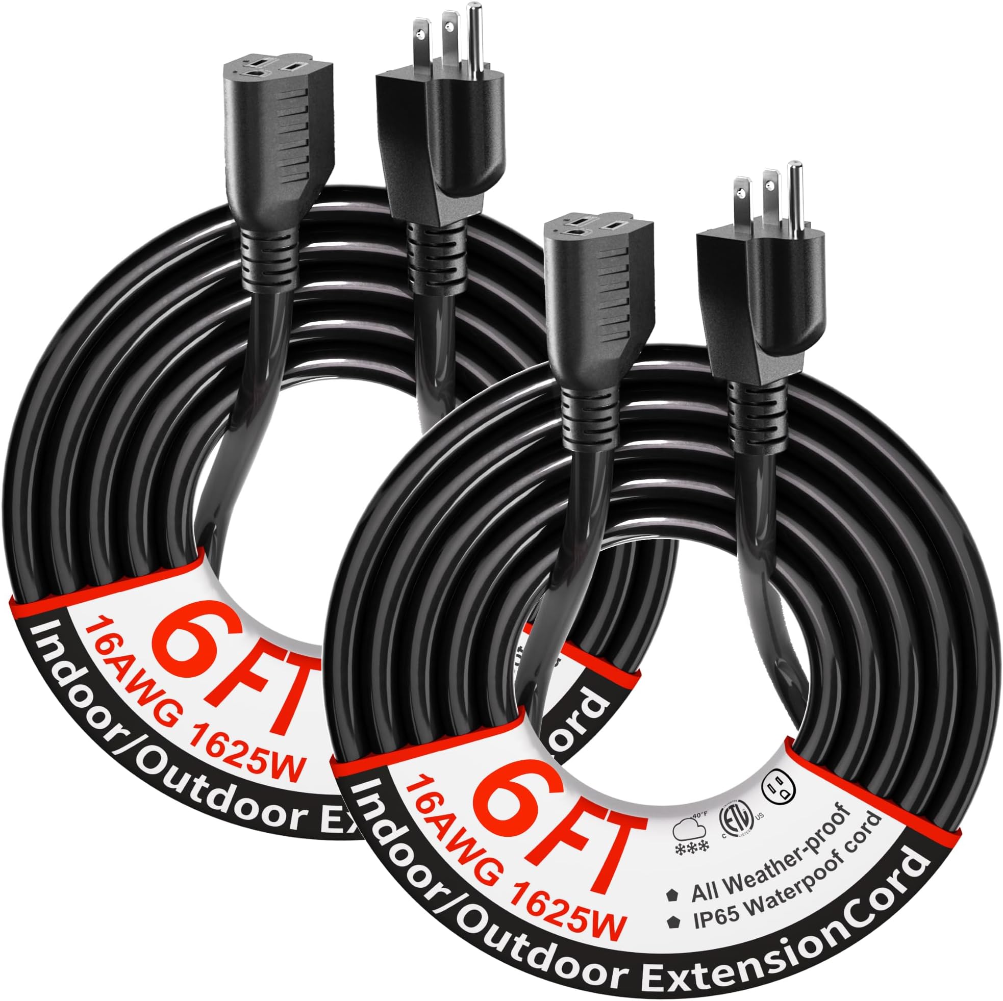 Amazon.com: PlugSaf 2 Pack of 6Ft Black Outdoor Extension Cord 16/3 ...
