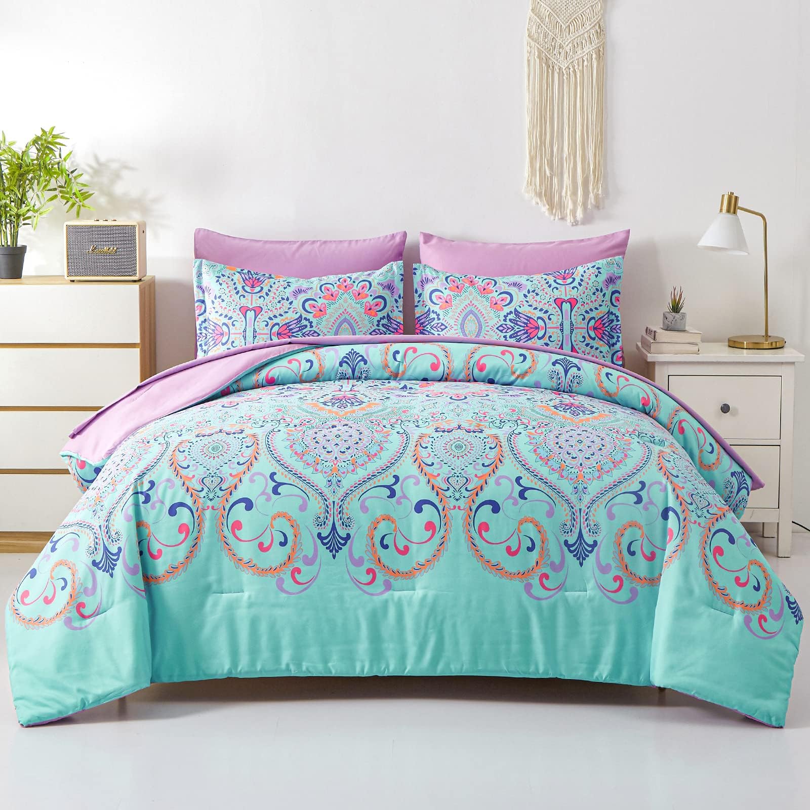 Amazon.com: 8 - Piece Aqua Blue, Grey, White Floral Comforter Set King ...