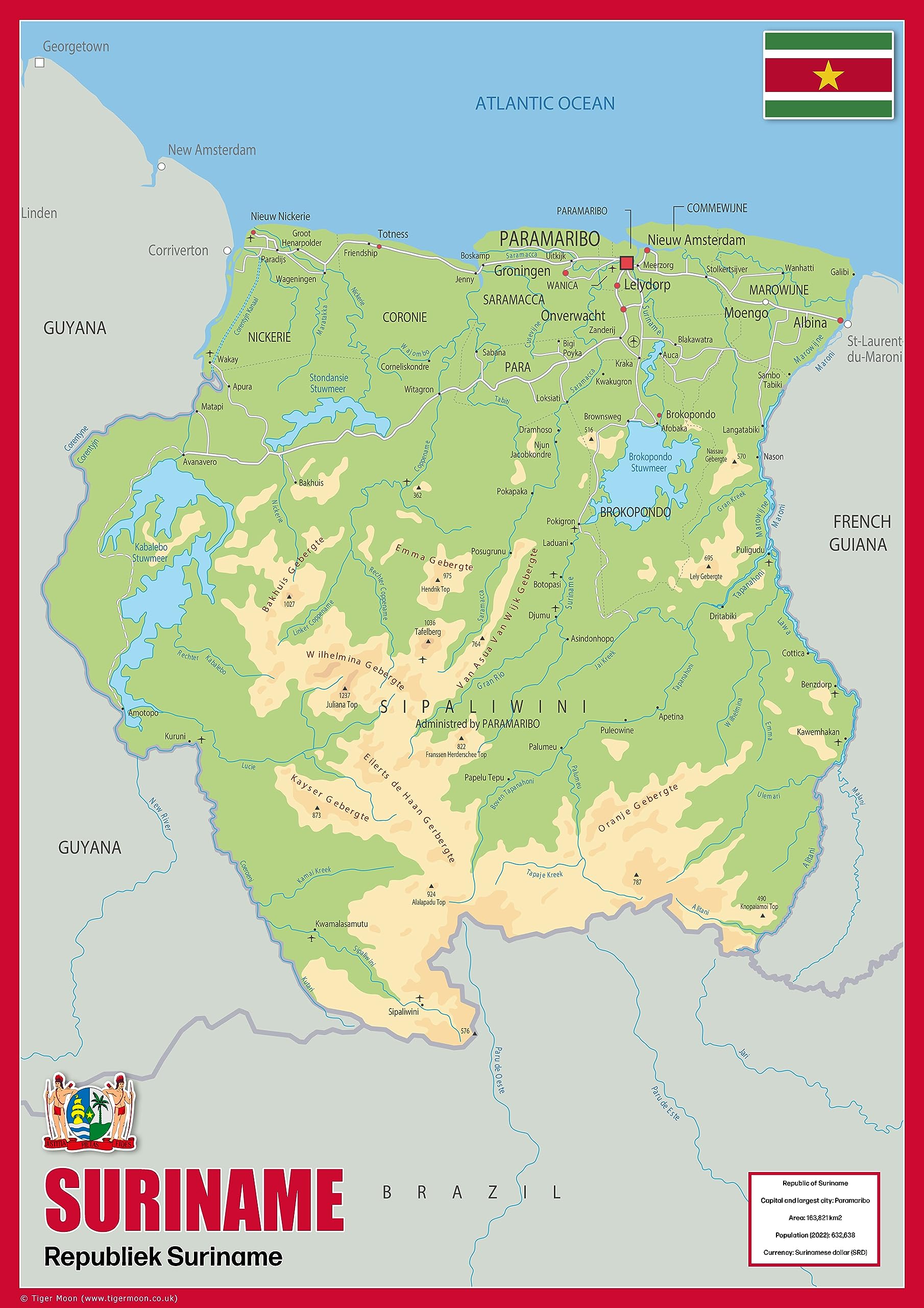 Physical Map of Suriname - The Oxford Collection - Size A2 - Paper ...