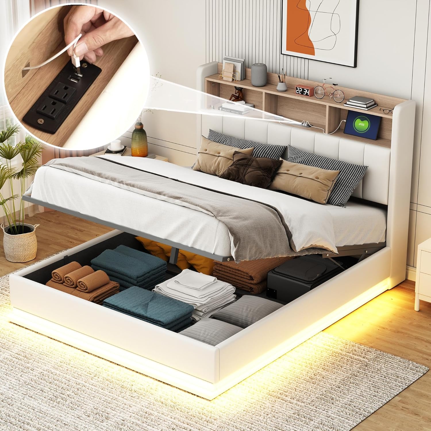Amazon.com: Linique Lift Up Storage Queen Bed with LED Lights, USB ...