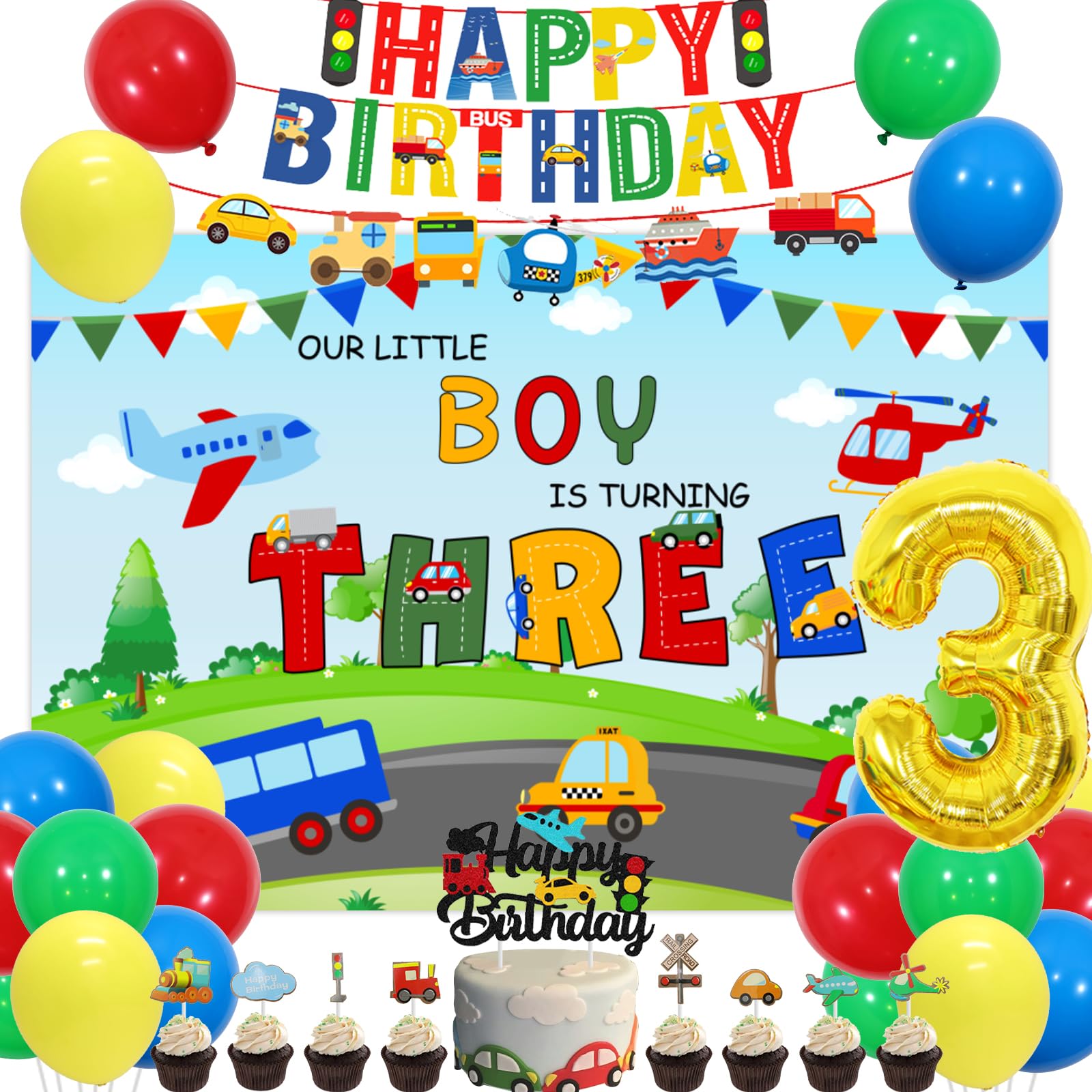 Amazon.com: Balerever Transportation 3rd Birthday Decorations for Boys ...