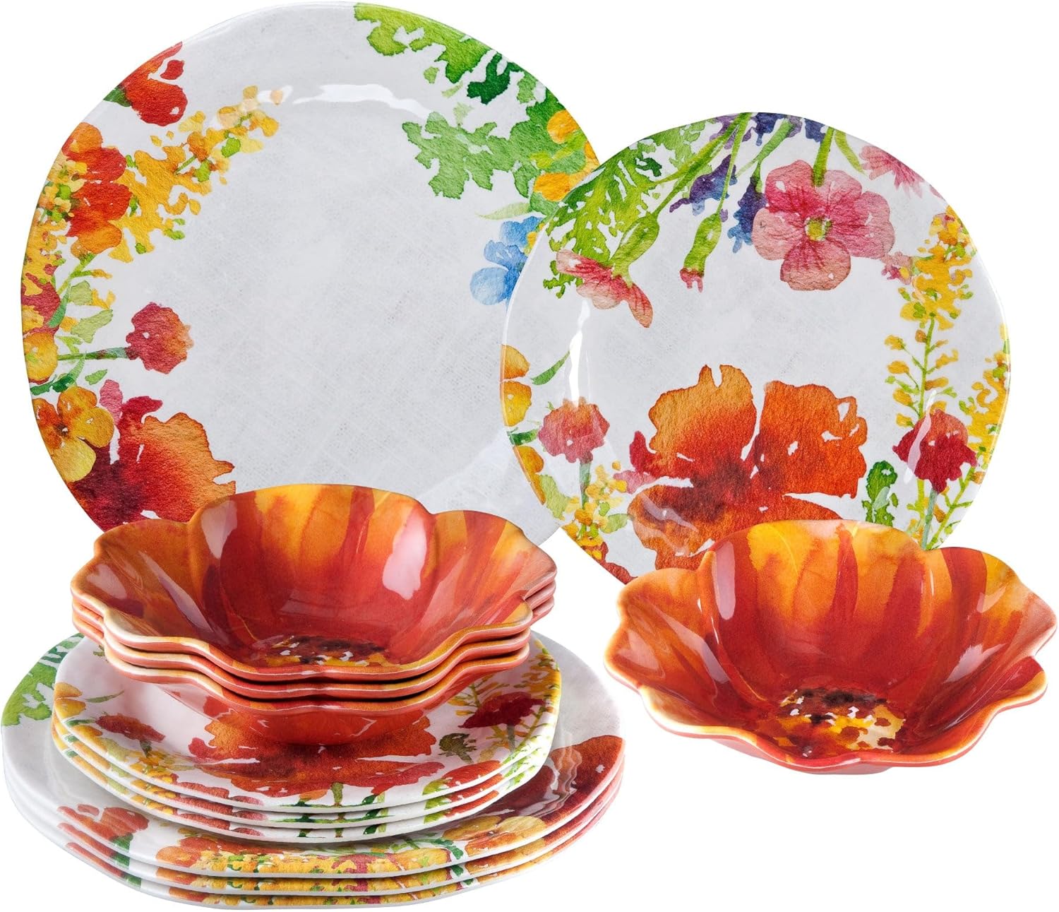 Amazon.com | UPware 12 Piece Floral Melamine Dinnerware Sets, Outdoor ...