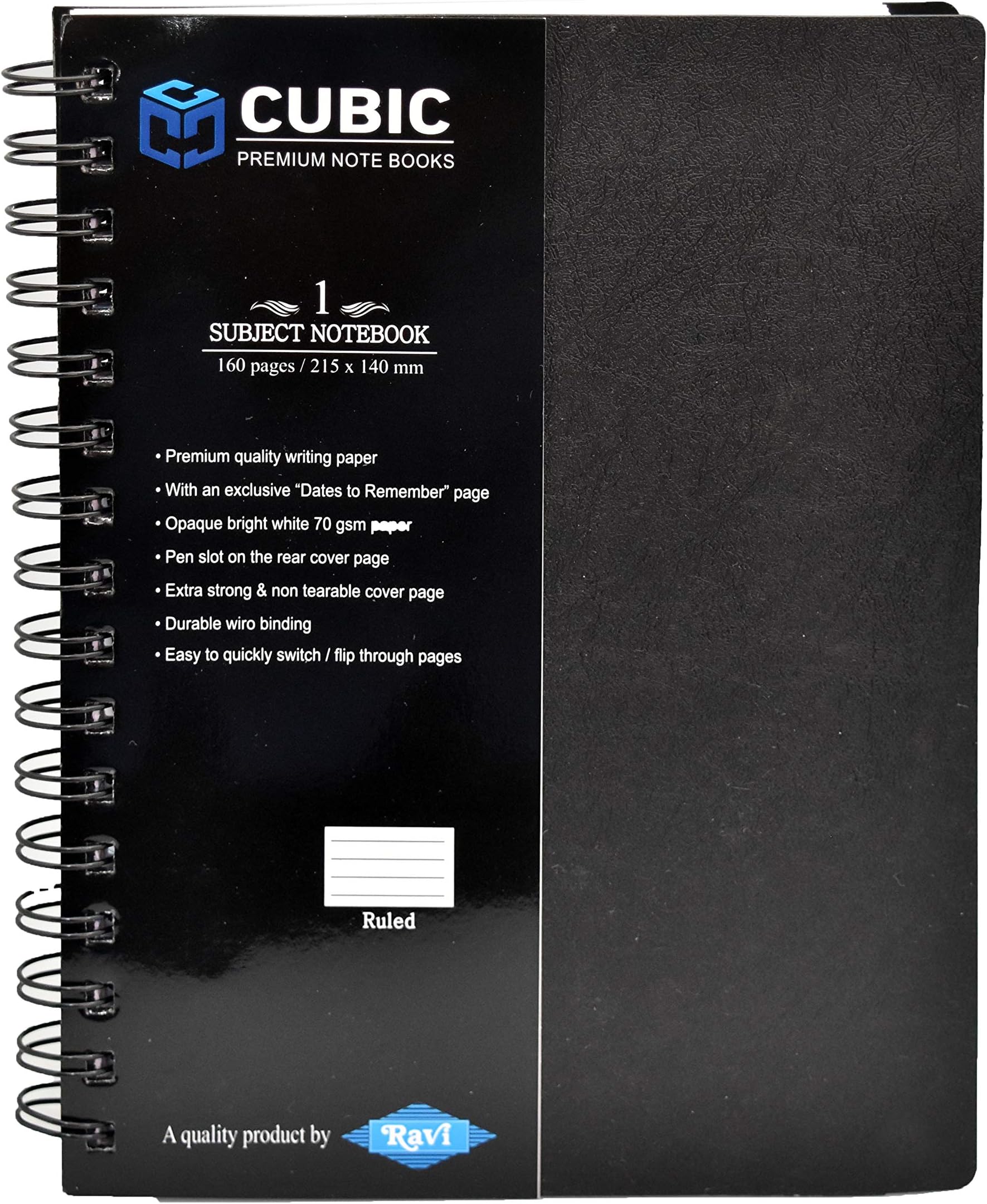 Cubic A5 Size 1-Subject Wiro Notebook, 160 Pages (Black) | Premium ...