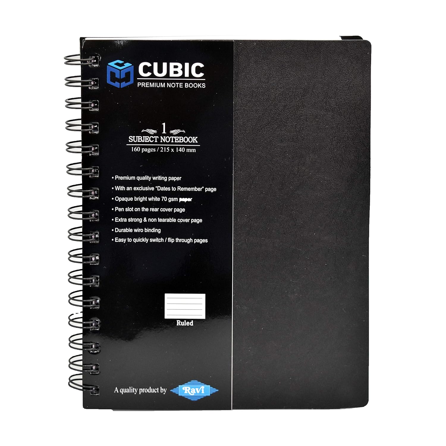 Cubic A5 Size 1-Subject Wiro Notebook, 160 Pages (Black) | Premium ...