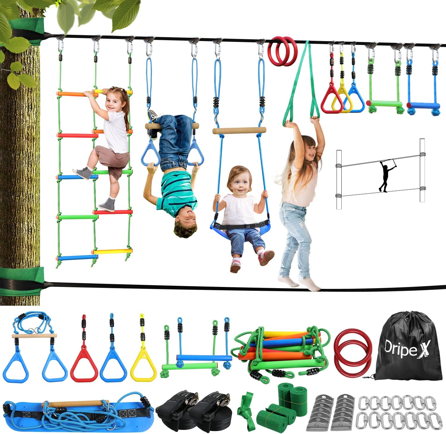 Amazon.com: 60FT Ninja Warrior Obstacle Course for Kids, 12 Deluxe ...