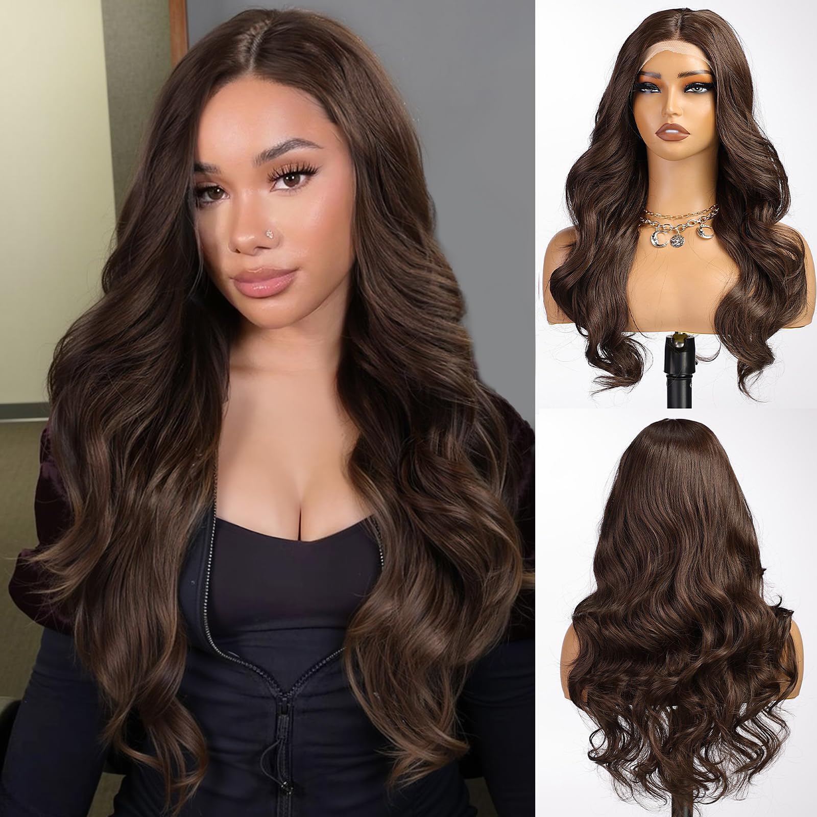 Amazon.com : KOME Brown Long Wavy Wigs for Women,Brown Highlight Middle ...