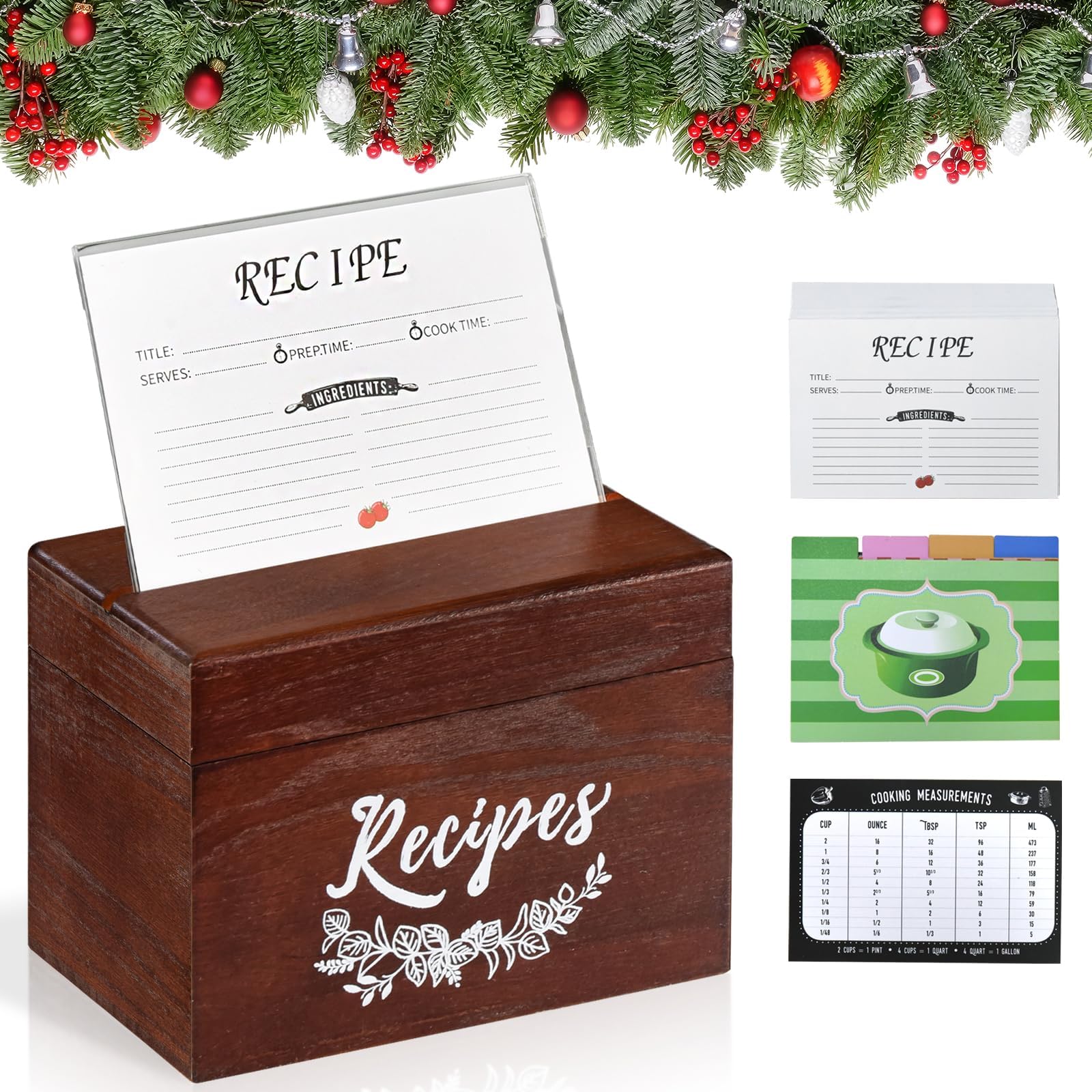 Amazon.com: COZYYROME Wooden Recipe Organizer Box, Recipe Box with ...