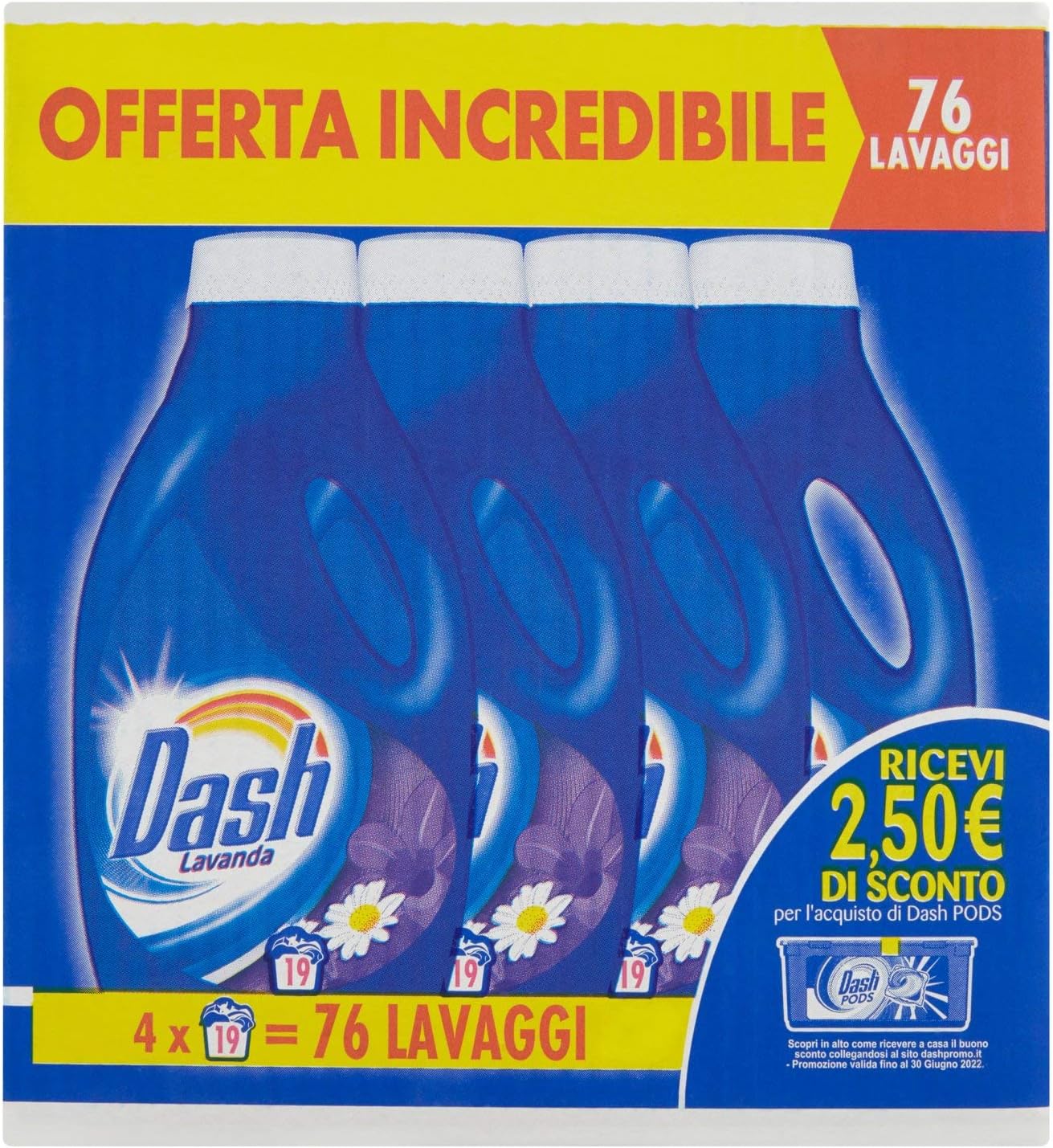 Dash Dash Lessive liquide Lavande, format pratique 76 lavages, 4 boîtes ...