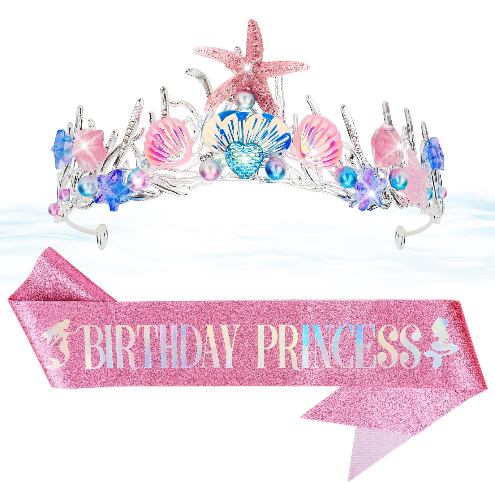 Amazon.com : CIEHER Pink Mermaid Crown and Birthday Sash for Women ...