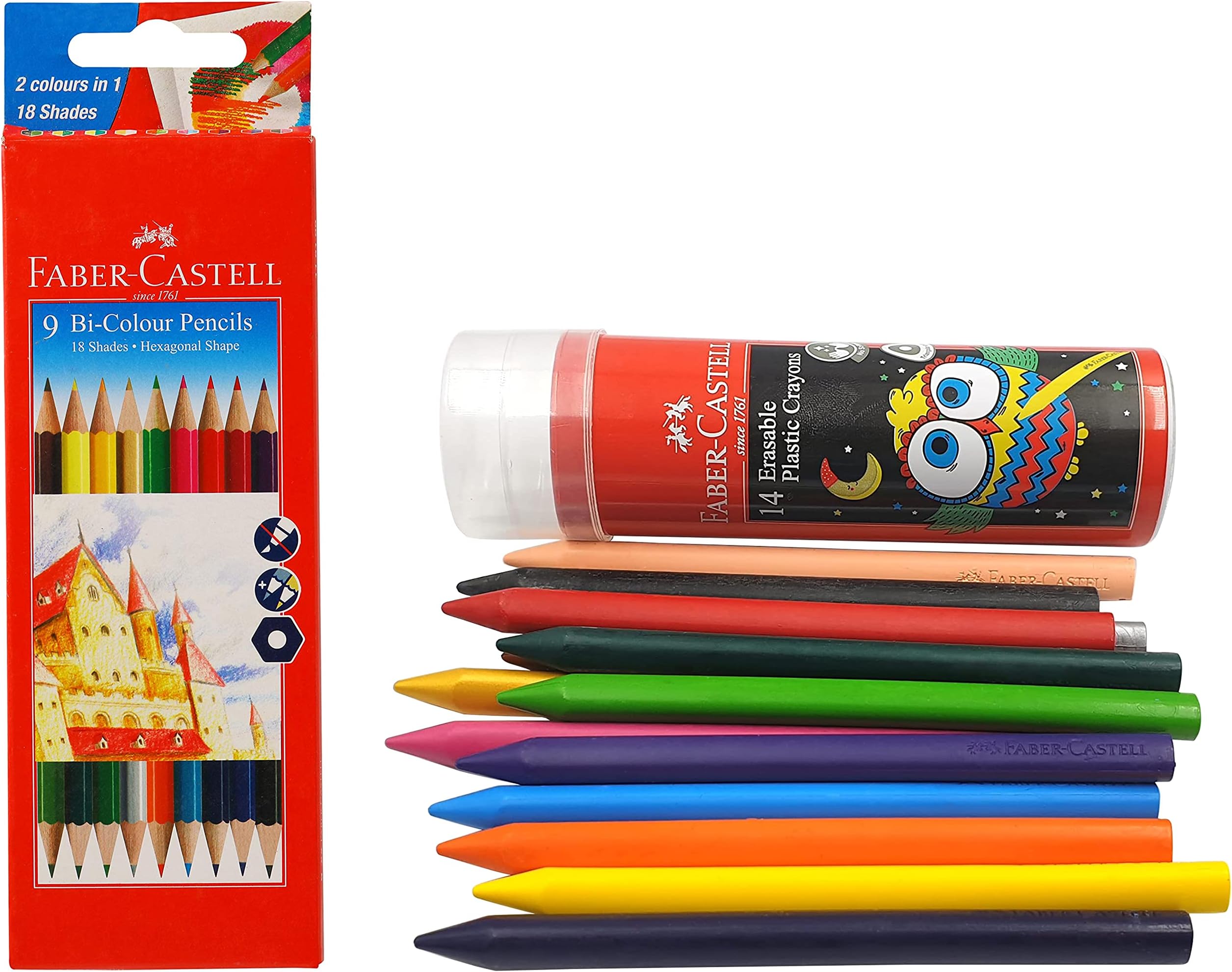 Faber-Castell Bi-Color Pencil Set - Pack of 9 Erasable Crayon Tin Set ...