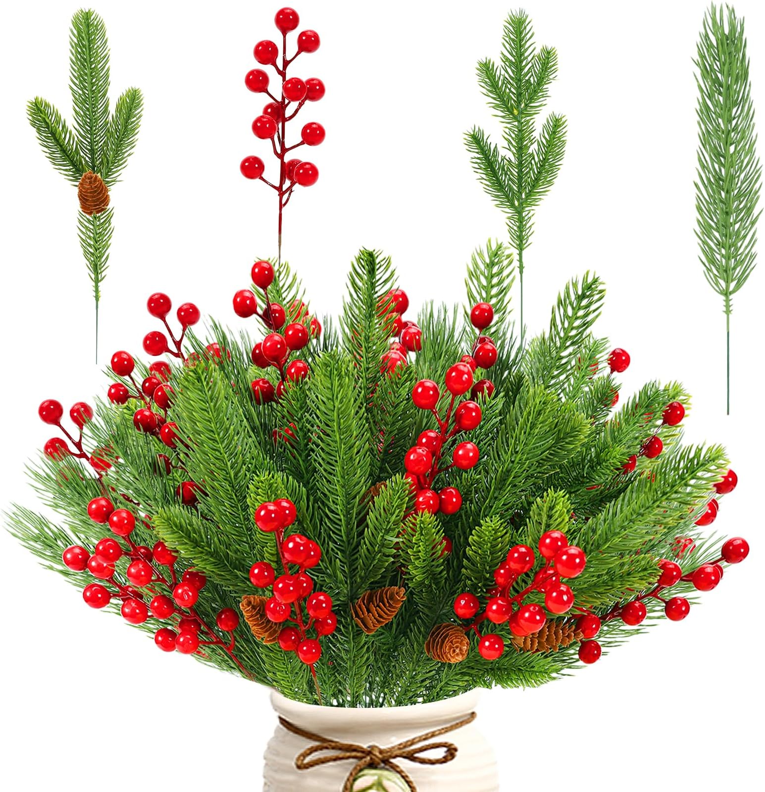 Amazon.com: Lyrow 15 Pcs Artificial Pine Leaves Branches with Berries ...