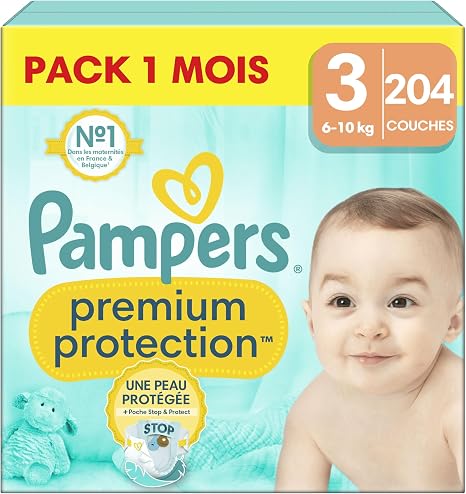 Pampers Couches Premium Protection Taille 3 (6-10 kg), 204 Couches Bébé ...