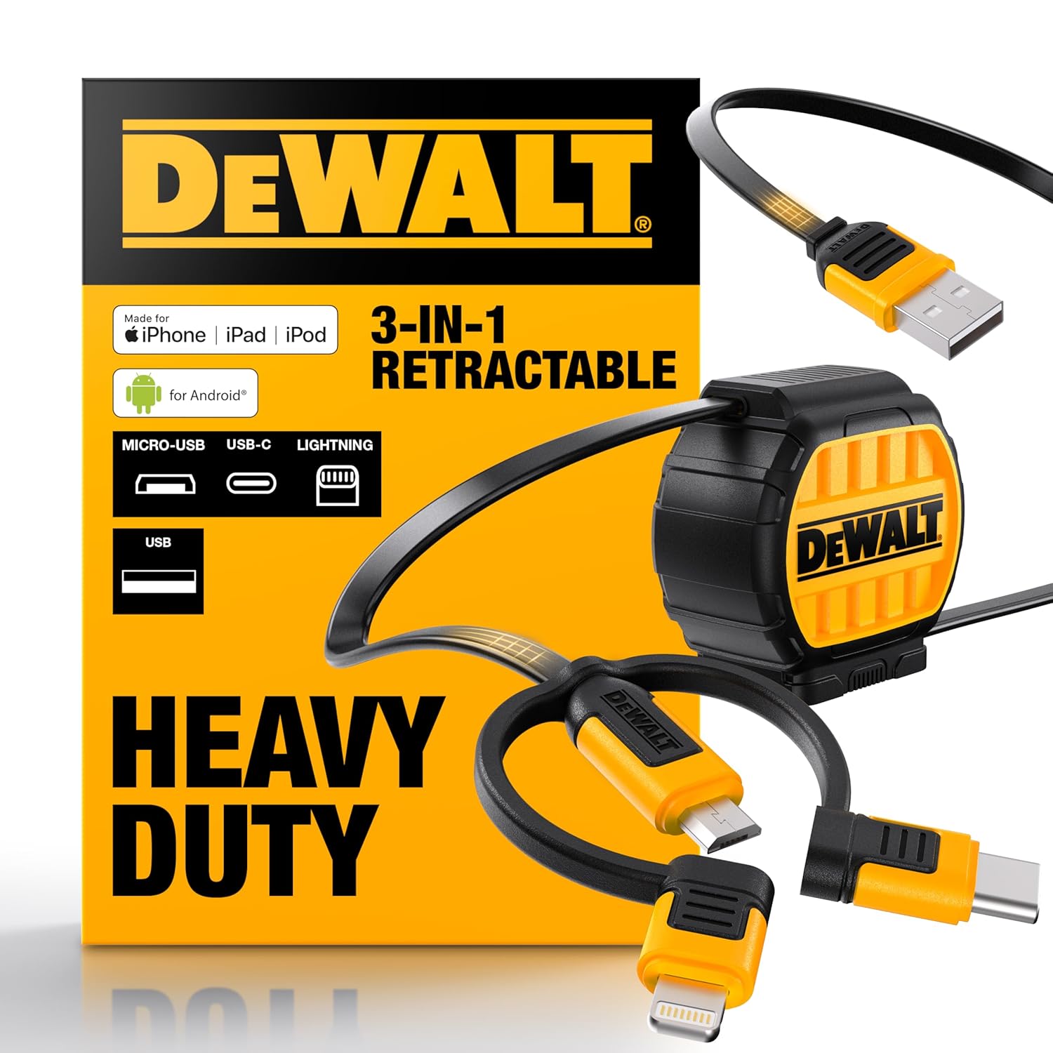 DEWALT 3 in 1 Retractable Multi Charging Cord, 3ft Fast Charger Cord ...