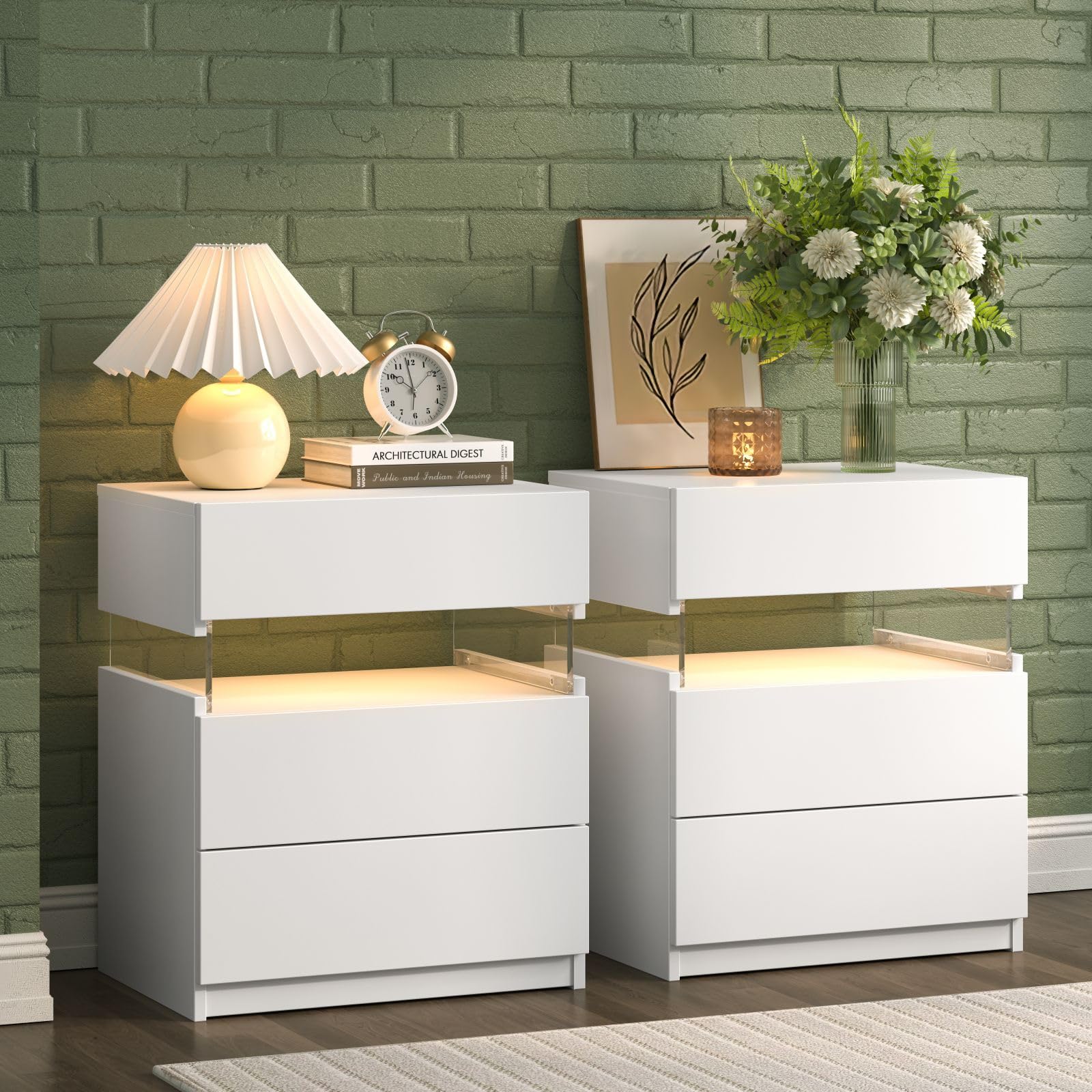 Amazon.com: i-aplus Nightstands Set of 2 White Night Stand Set 2 LED ...