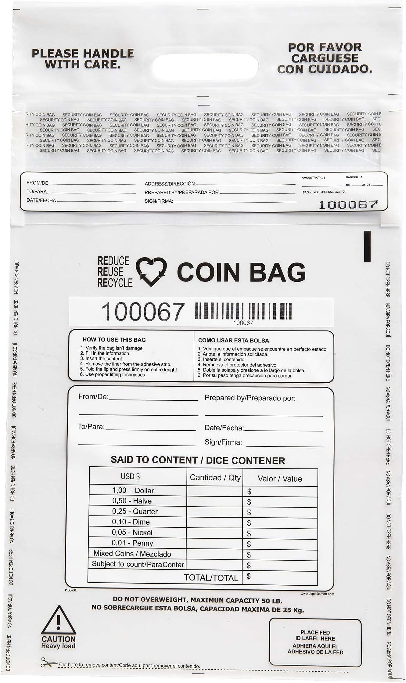 Amazon.com: 14.5 x 25 CoinLok, Clear, Dual Handle 50 Deposit Bags ...