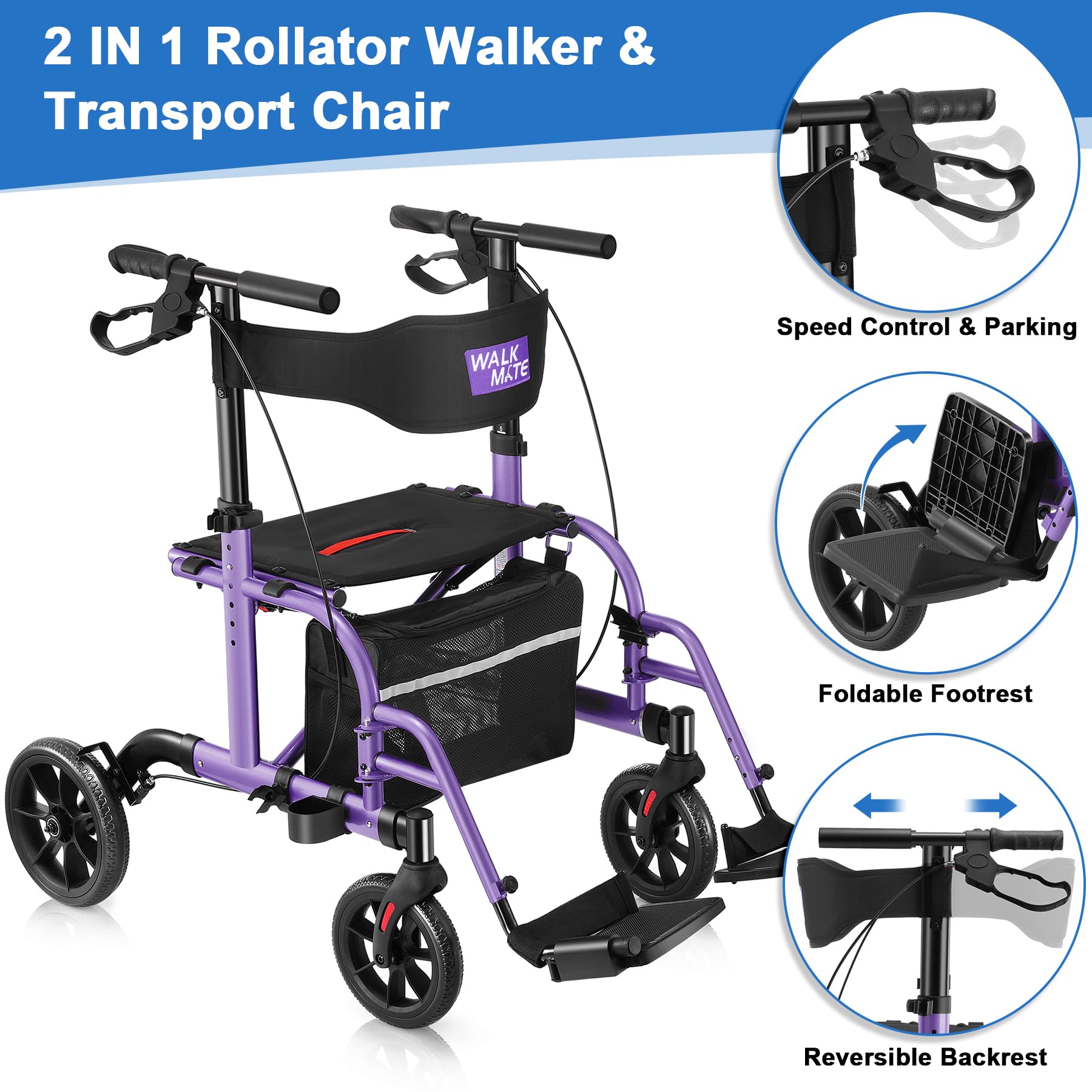 WALK MATE 2 in 1 Rollator Walker Transport Chair for Seniors, 10â ...