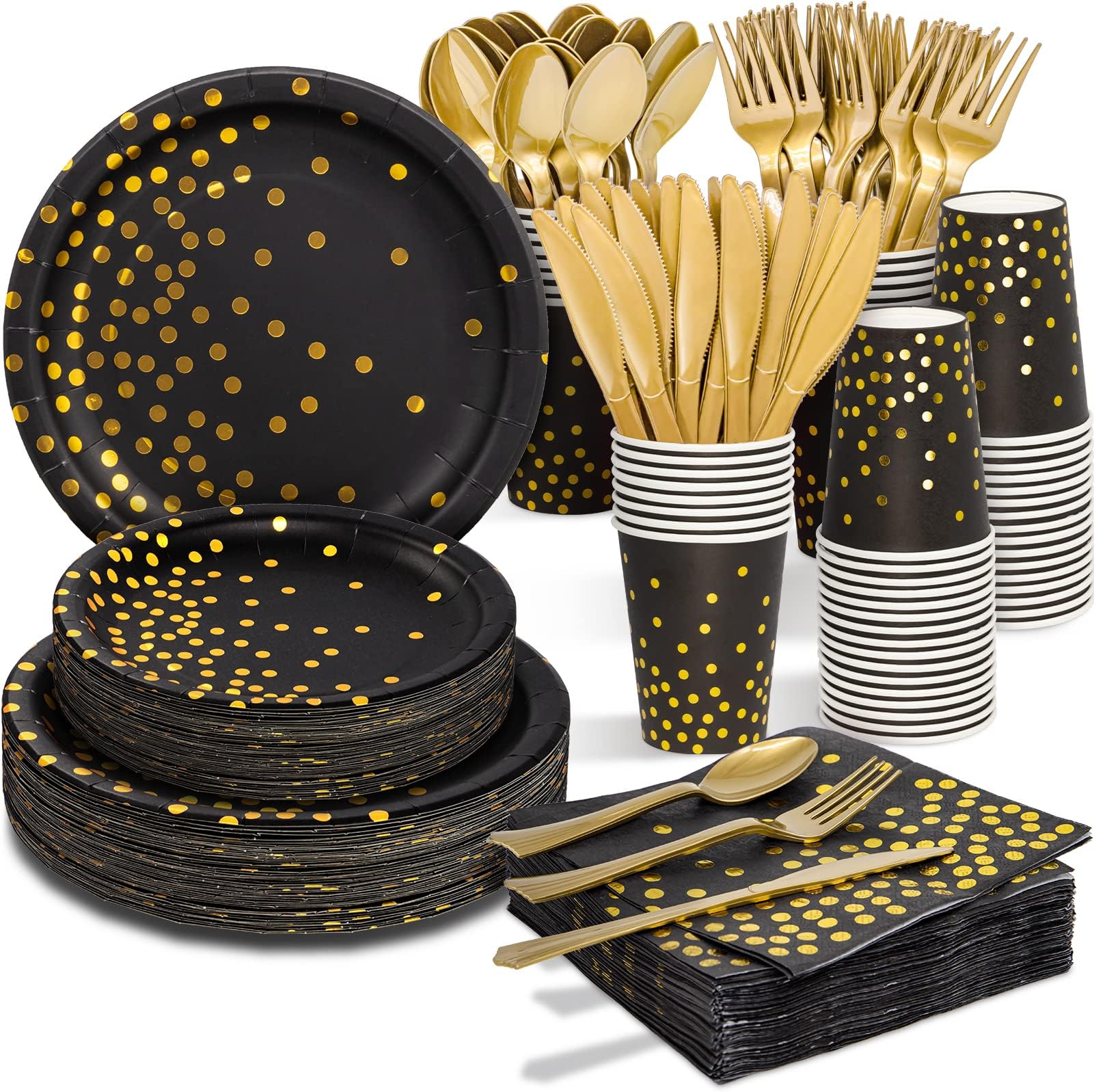 Amazon.com: Black and Gold Party Supplies, 350PCS Disposable Dinnerware ...