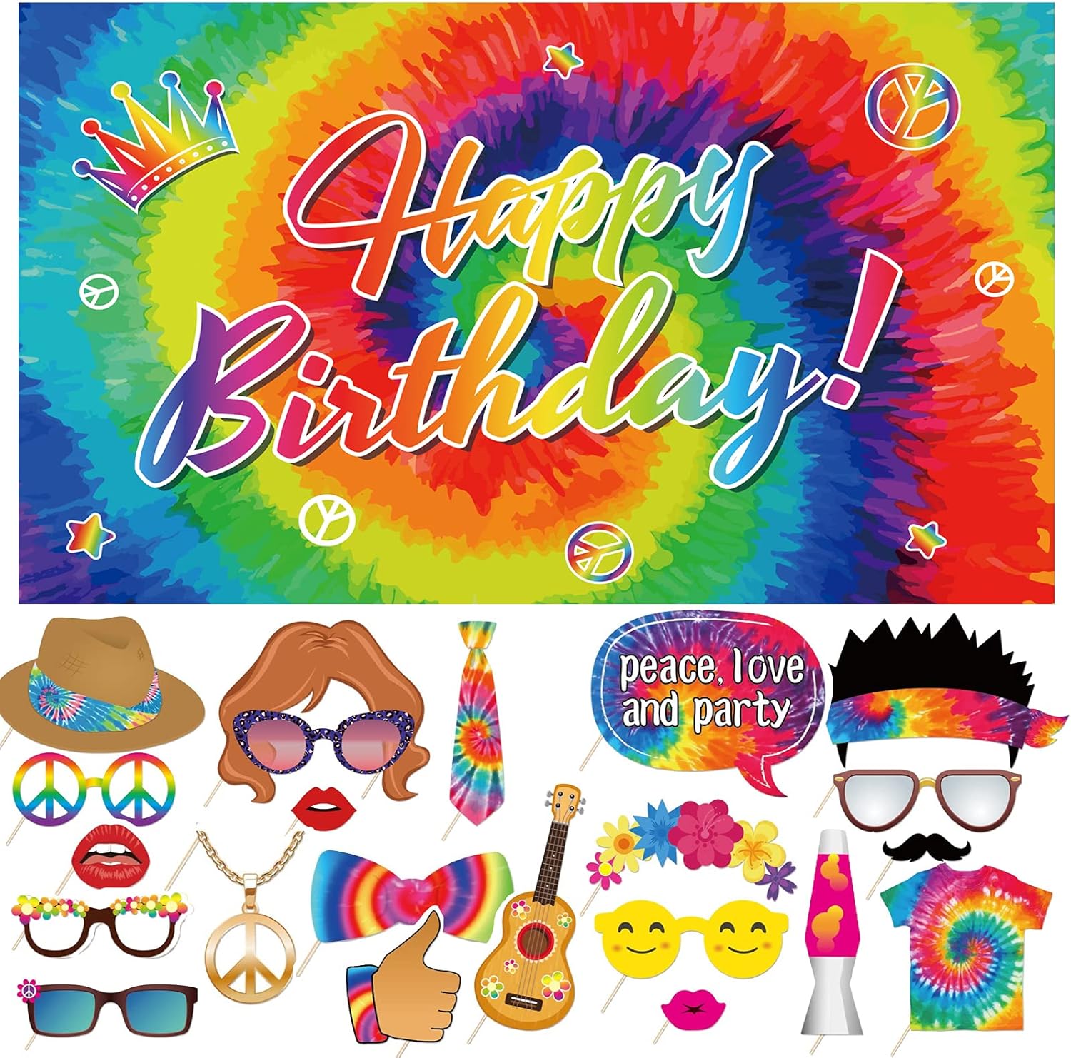 Buy 25PCS 70s Tie Dye Themed Birthday Party Photo Booth Props with 1PCS ...