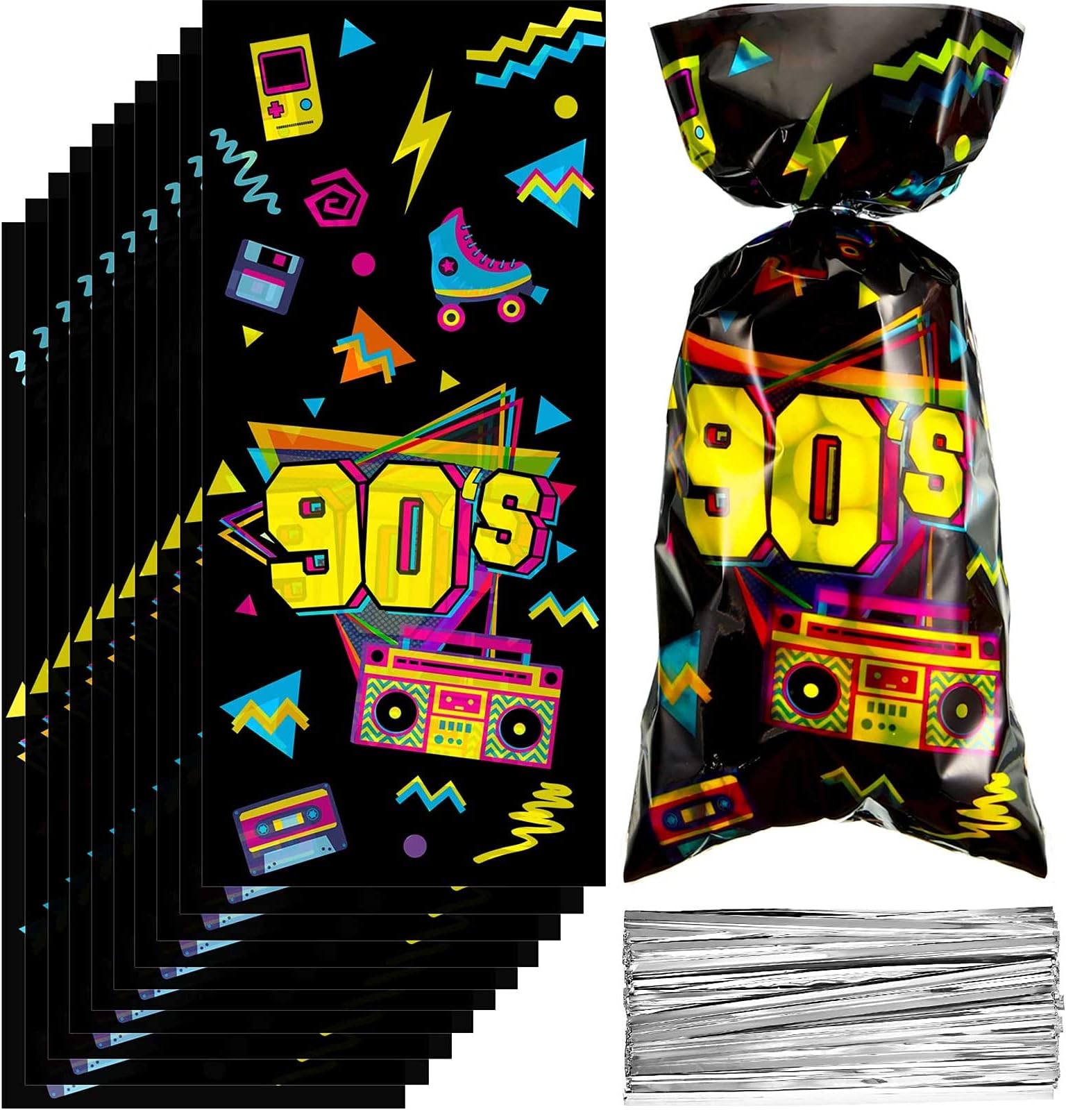 Amazon.com: 100 Pieces 90s Party Treat Bags 90s Candy Bags Neon Retro ...