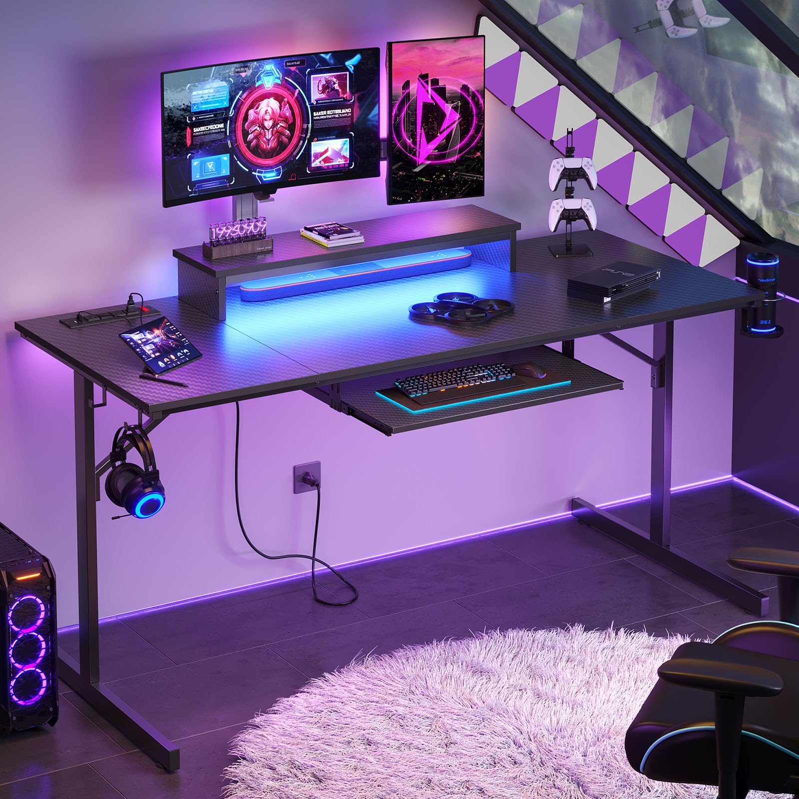 Amazon.com: Bestier 63 Inch Gaming Desk with Power Outlets & LED Lights ...