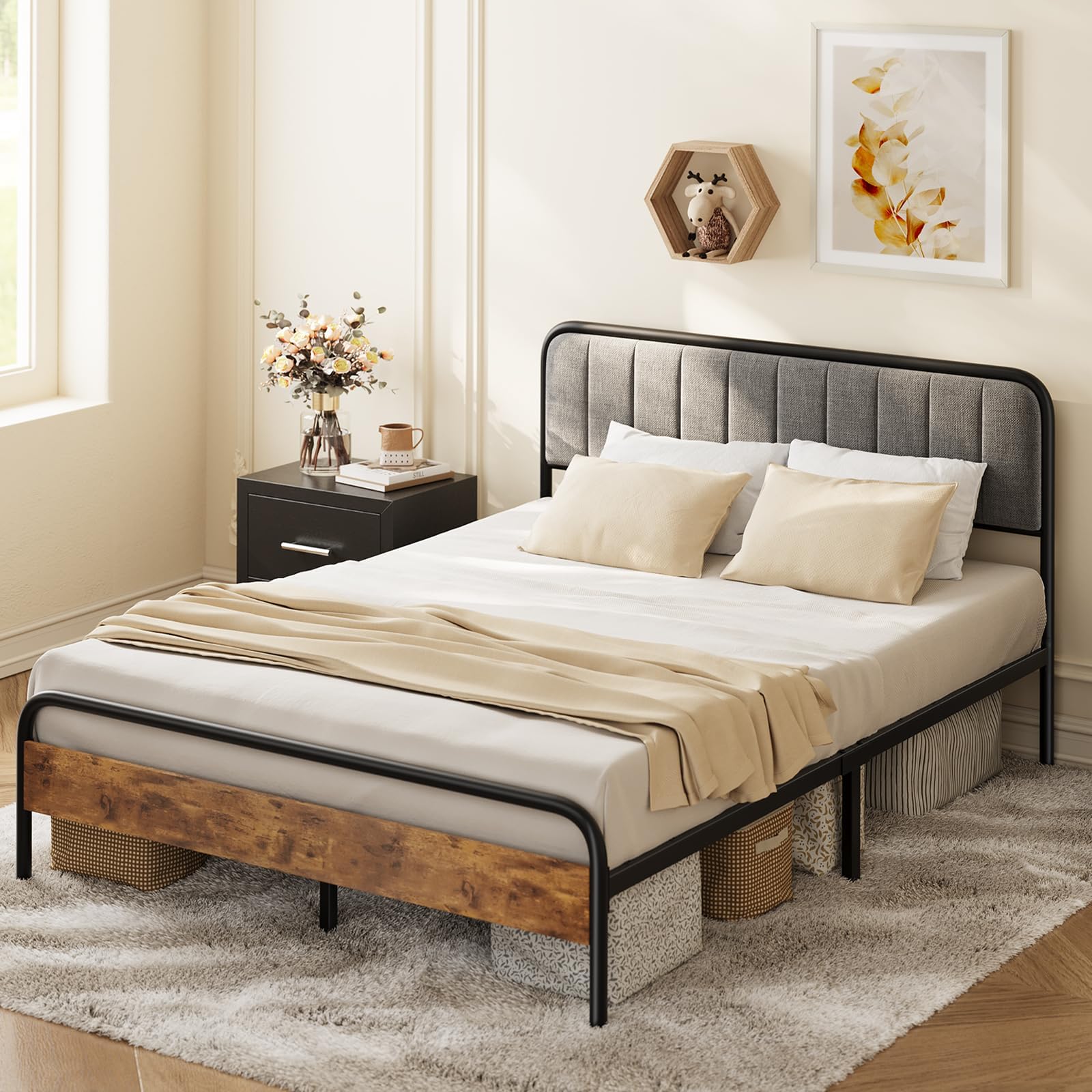 Amazon.com: Aiho Full Size Bed Frame with Headboard, Sturdy and No ...