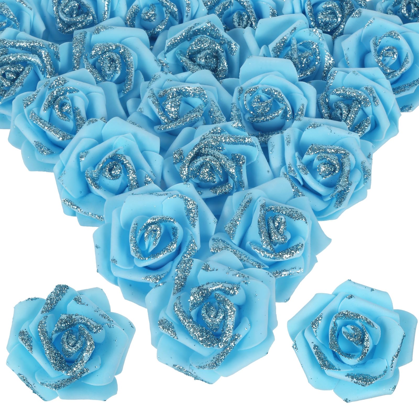 Amazon.com: ICBOX Light Blue Glitter Roses 100pcs Blue Foam Roses 2.56 ...